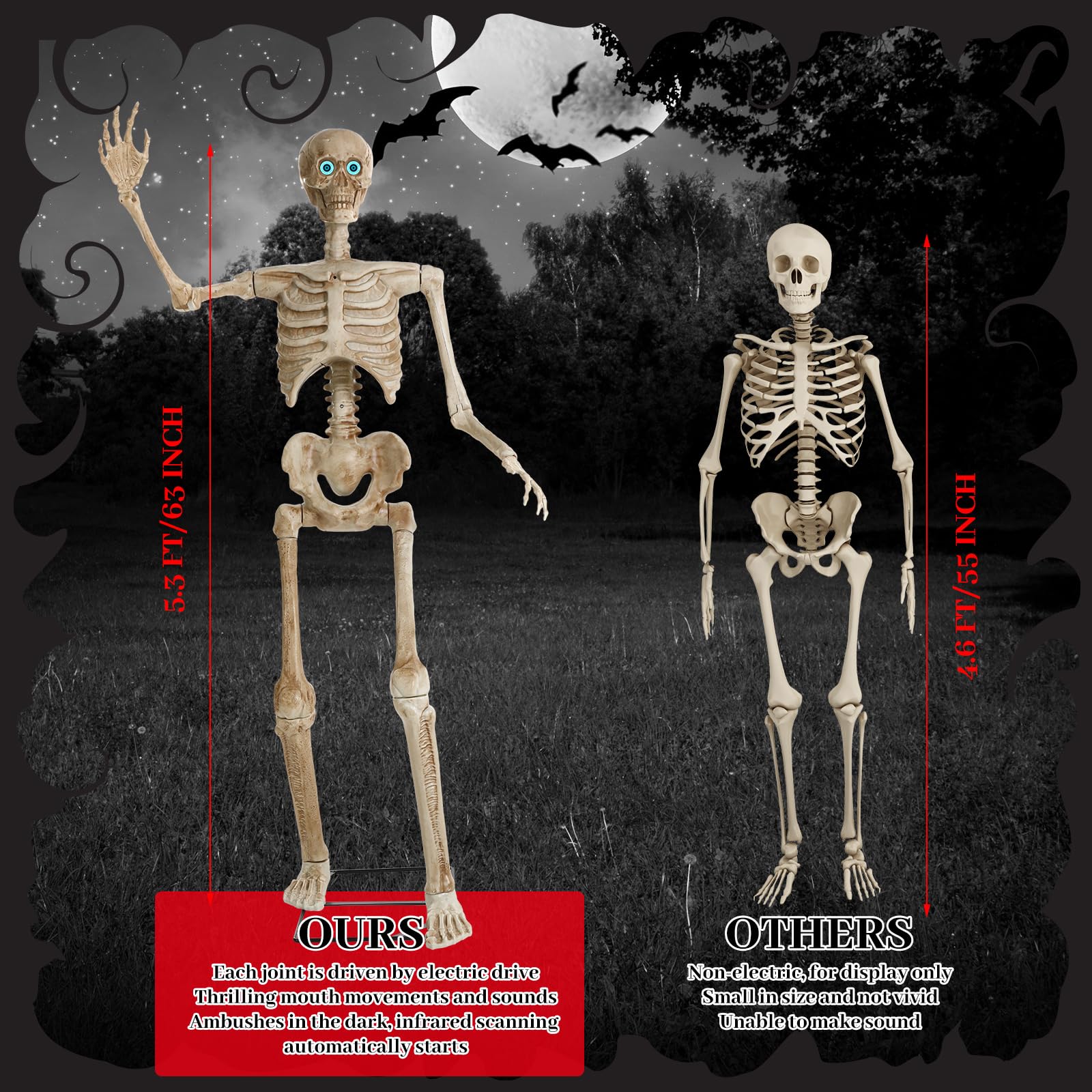 Jenaai 5.3 Ft Halloween Skeleton Decoration Skeleton Grim Animatronic Talking with Creepy Sound Effect, Full Body Posable Human Bones, LED Realistic Glowing Movable Eyeball, for Halloween Party Yard
