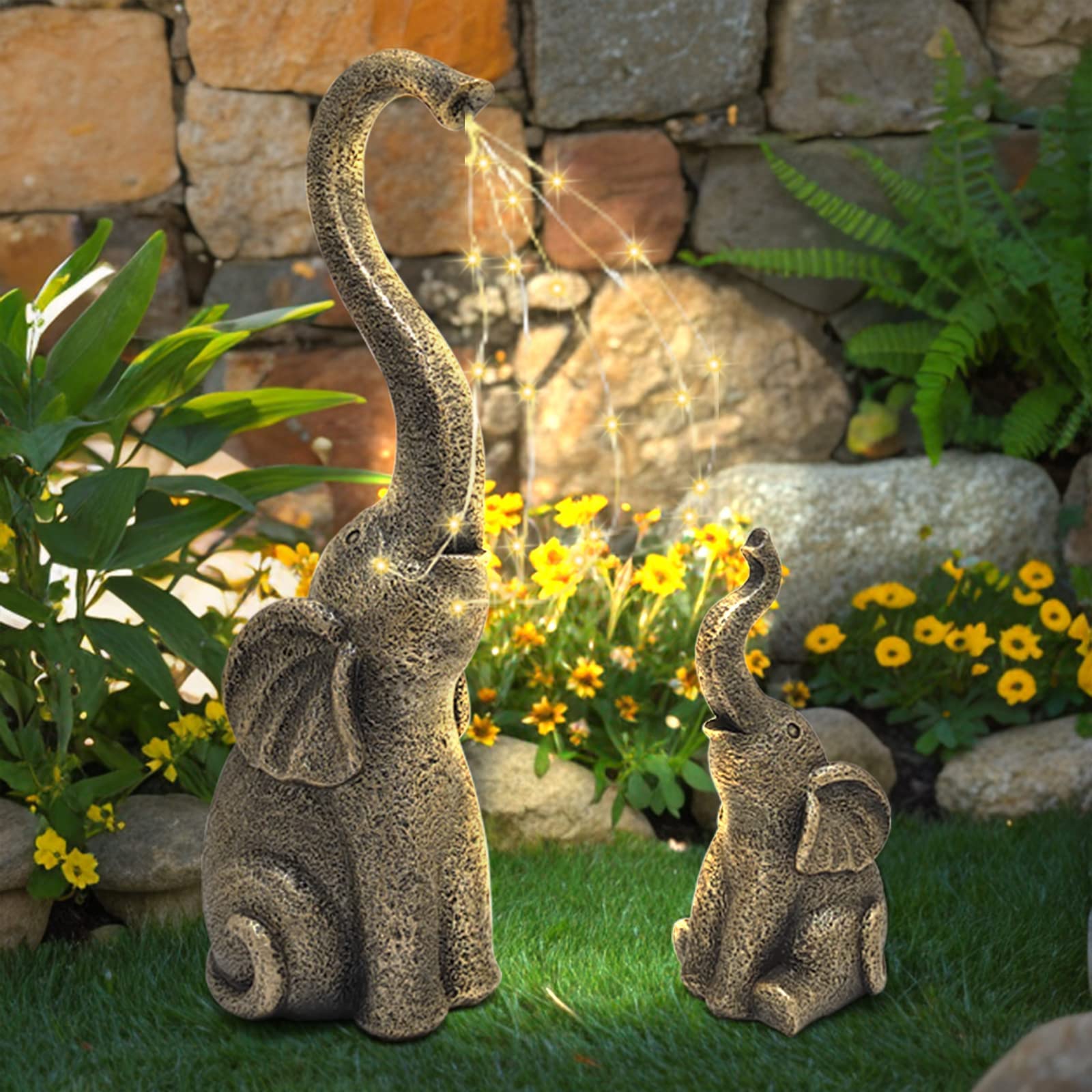 IVCOOLE Garden Statues Elephant Decor with LED Solar Lights - Set of 2 Good Luck Christmas Elephant Gifts for Women,Outdoor Statues Yard Decor for Patio,Porch,Home - Unique Housewarming Gifts