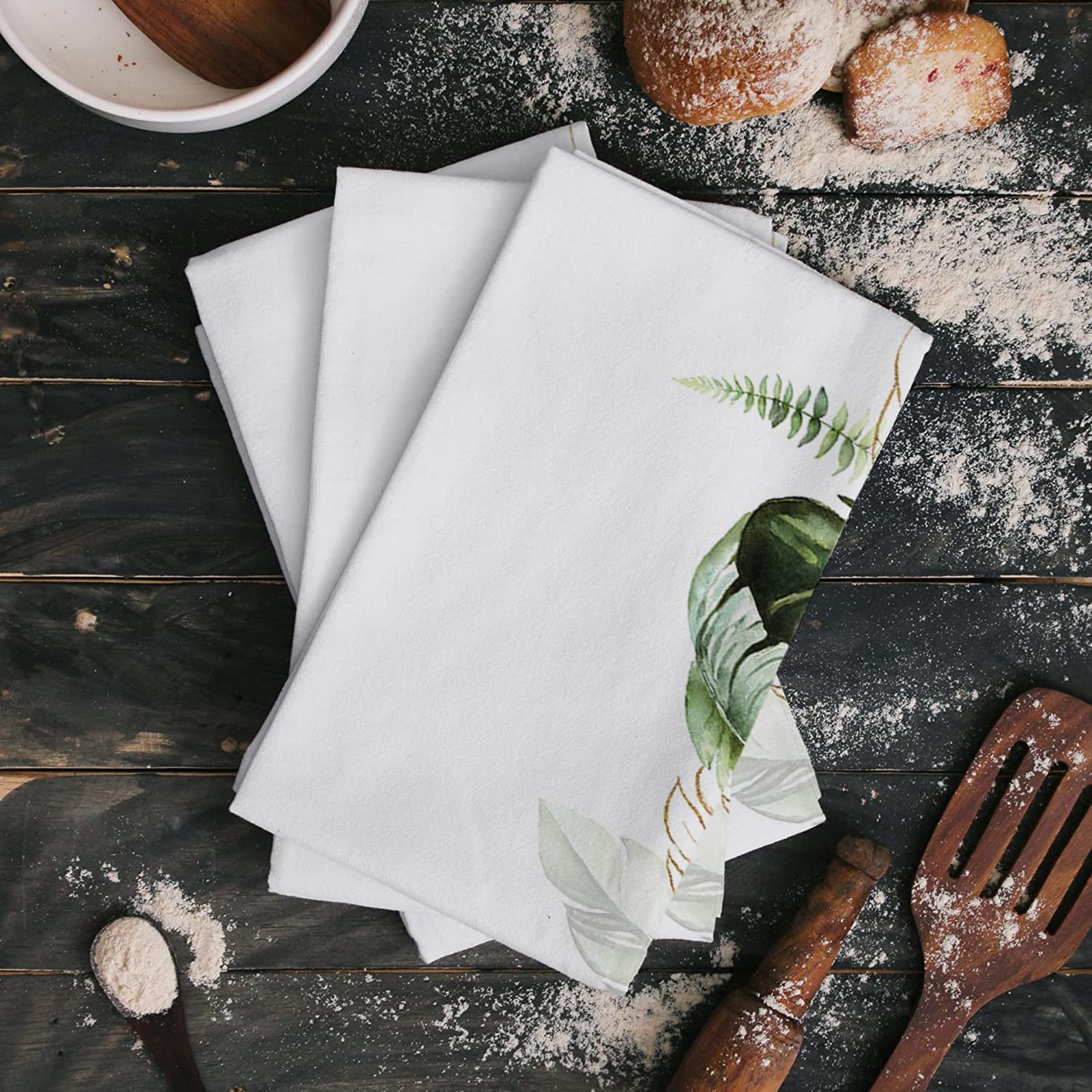 LOVE HOME DAY Kitchen Towel Set of 3, Watercolor Tropical Palm Tree Leaf Hand Towels Absorbent Microfiber Dish Cloth Gold Lines Leaves Boho Plant Washable Tea Bar Dishcloth Cleaning Cloths