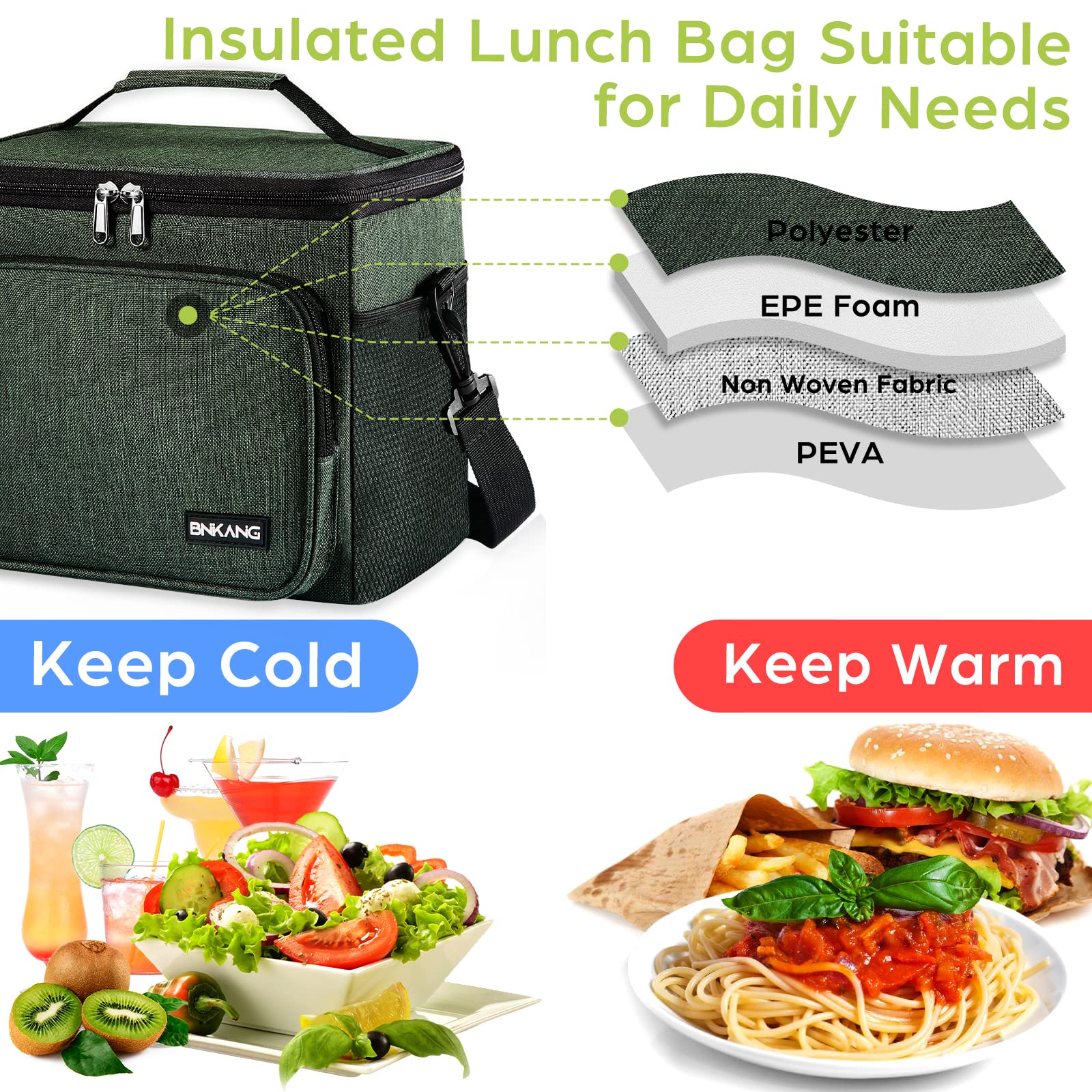 Insulated Lunch Bag Reusable Large Lunch Box for Men/Women, Leakproof Cooler Tote Portable Lunch Bag with Adjustable Shoulder Strap (Retro Green)