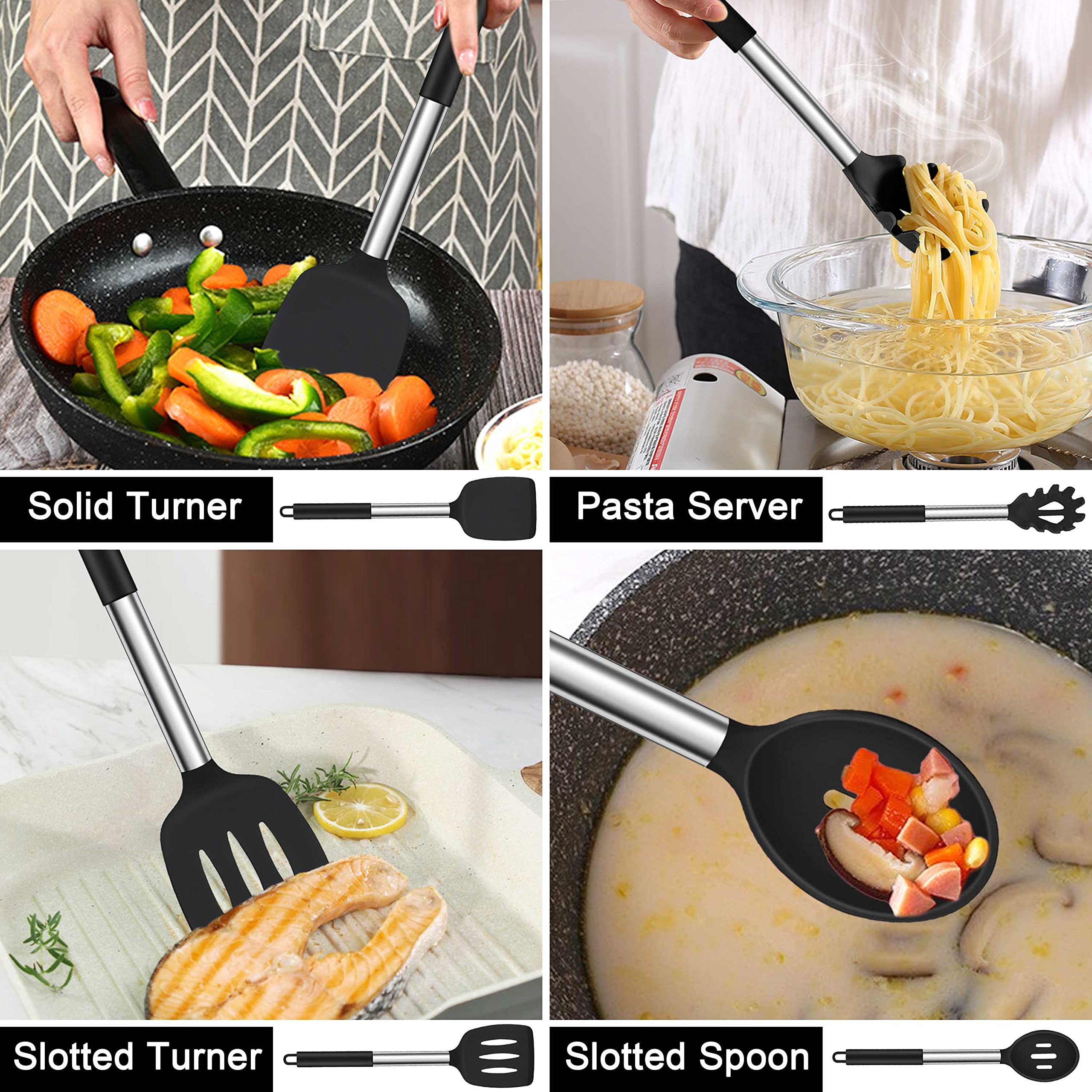 Homikit 15 Pieces Kitchen Cooking Utensils Set with Holder, Gray Silicone Utensil Sets Stainless Steel Handle, Nonstick Kitchen Tools with Spatulas Spoons Turner Tong for Cookware, Heat Resistant