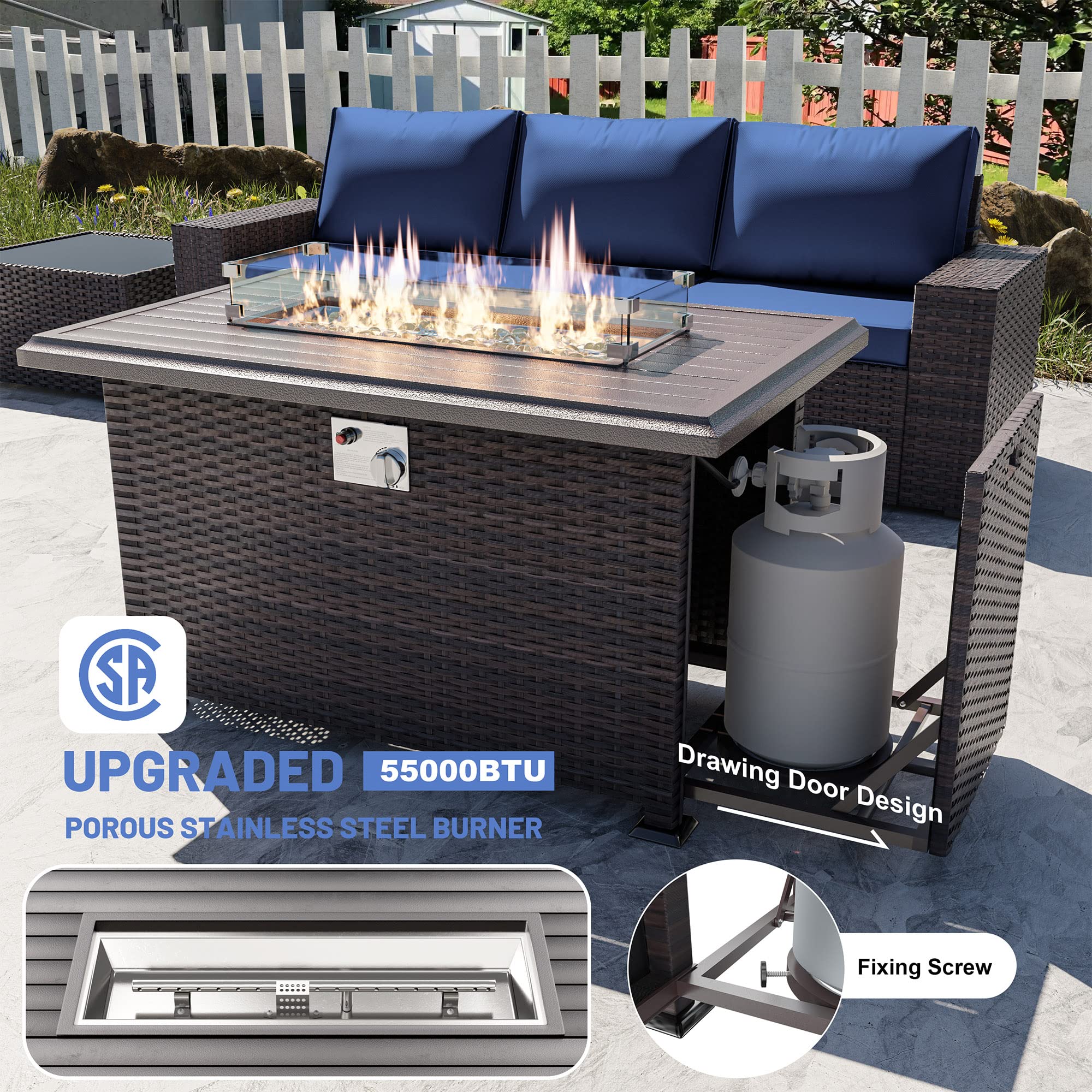 Kullavik 7 Pieces Outdoor Patio Furniture Set with 43" Gas Propane Fire Pit Table PE Wicker Rattan Sectional Sofa Patio Conversation Sets,Navy Blue