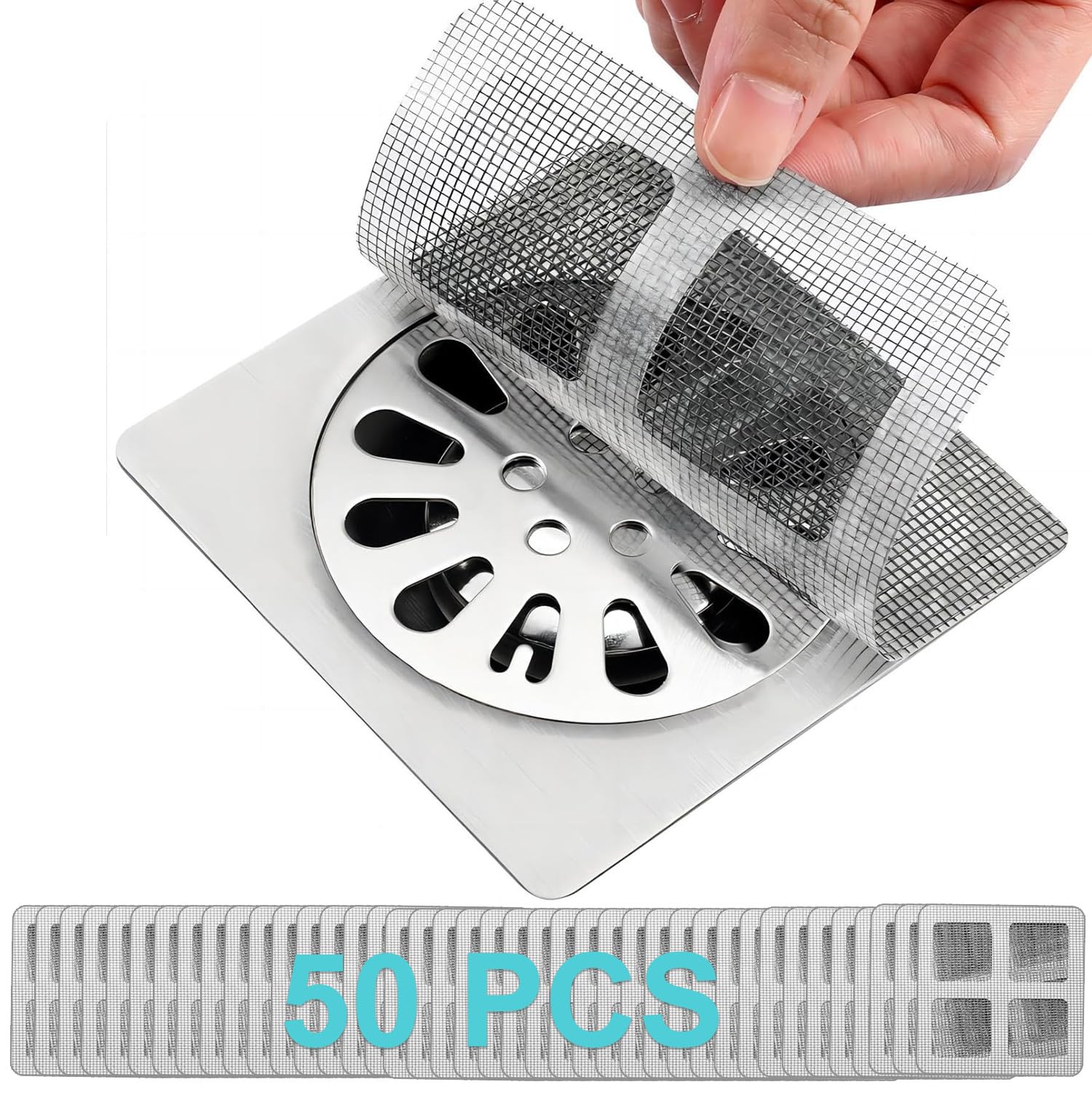Shower Drain Hair Catcher Disposable 50 Pack,4" X 4" Shower Drain Cover Mesh Stickers Easy to Install and Clean Suit for Bathtub, Bathroom, Kitchen and Laundry