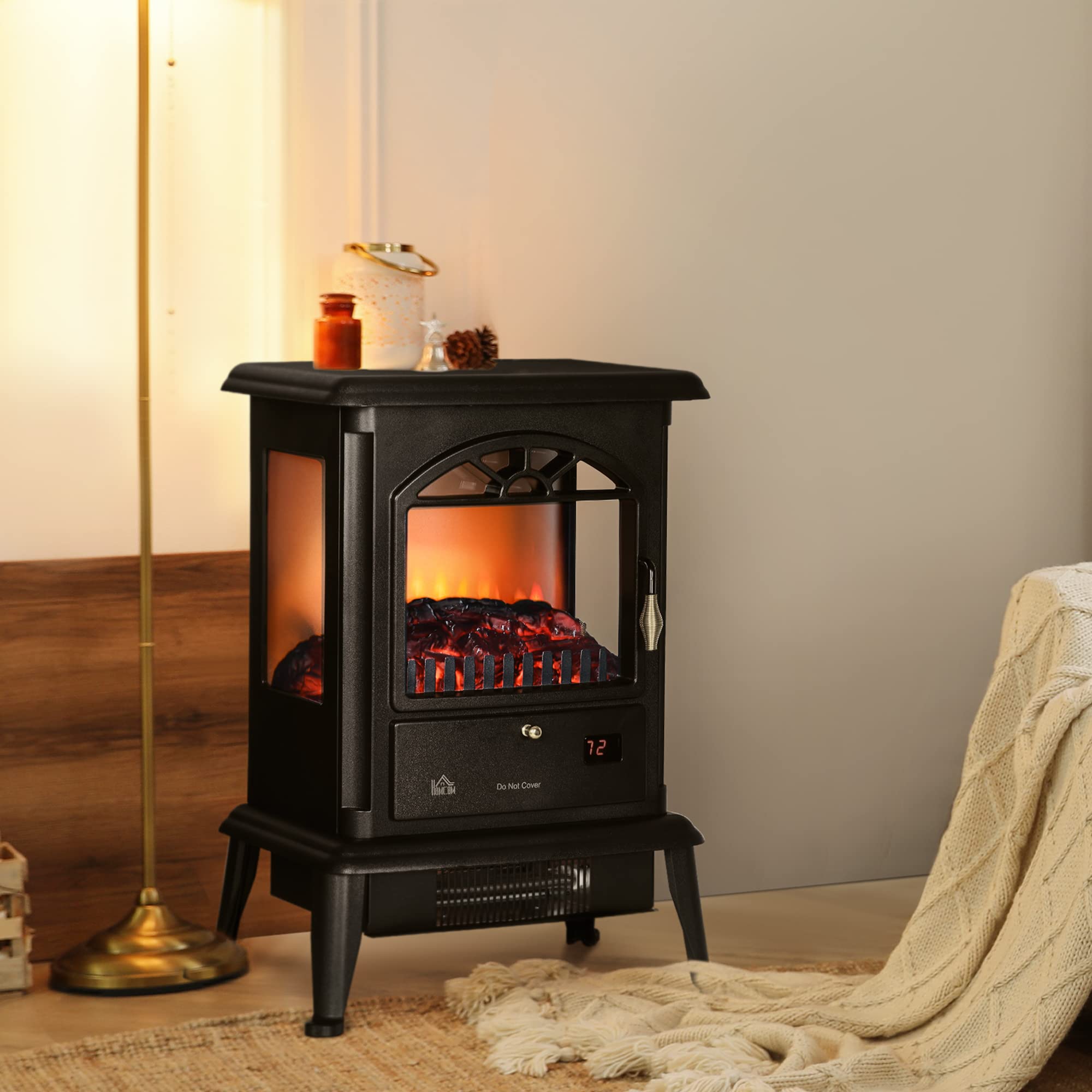 HOMCOM 23" Electric Infrared Fireplace Stove, Freestanding Fire Place Heater with Realistic Log Flame, Adjustable Temperature, Timer, 1000W/1500W, Black