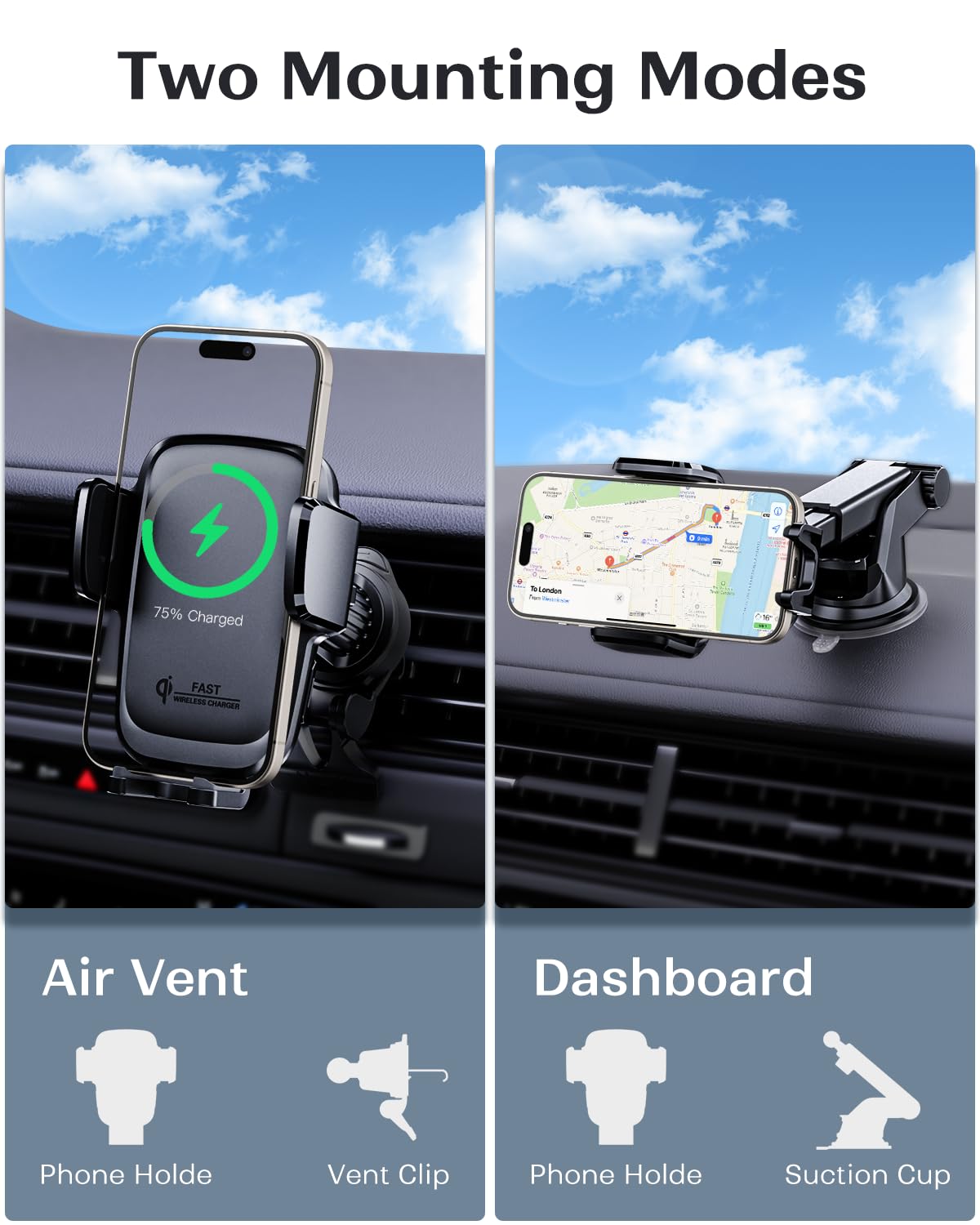 KPON Car Phone Holder Wireless Charger, Auto Clamping Wireless Car Charger Mount 15W/10W/7.5W for Dashboard, Automatic Air Vent Windshield Mount for iPhone 15 14 13 12 11/Samsung/LG/Google Pixel