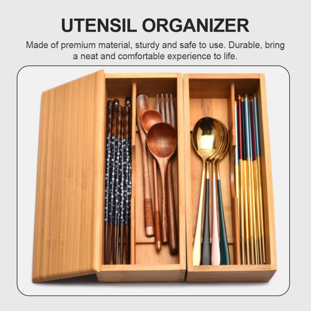Kichvoe Silverware Organizer Wooden Cutlery Box with Lids Small Drawer Organizer Kitchen Silverware Utensil Chopstick Spoon Holder Bamboo Storage Box Desk Wood Tray Seasoning Organizer