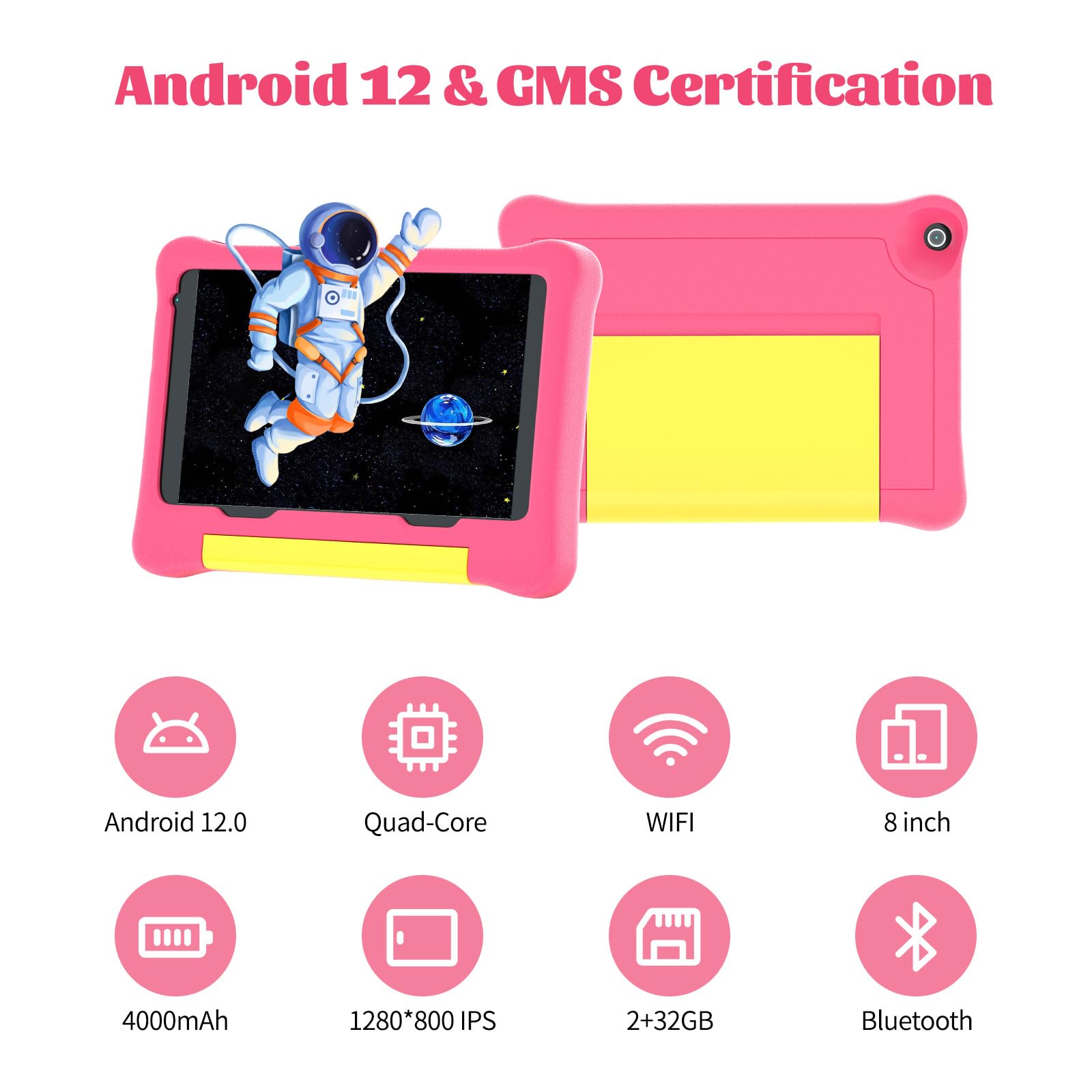 Kids Tablets 8 inch Android Tablet for Kids 4000mAh 2GB RAM, 32GB ROM, HD Display, Parental Control, Kids Edition Tablet with Protective Case (Pink)