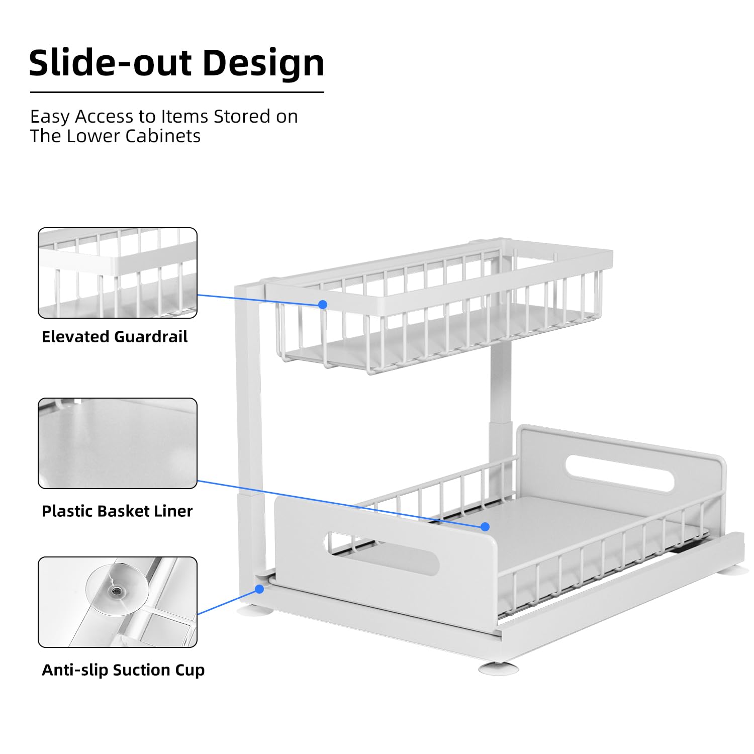 Lxmons 2-Tier Under Sink Slide Out Organizer, Pull Out Cabinet Storage Shelf with Sliding Storage Wire Basket Drawer for Bathroom Kitchen, Countertop or Pantry Storage shelf, White