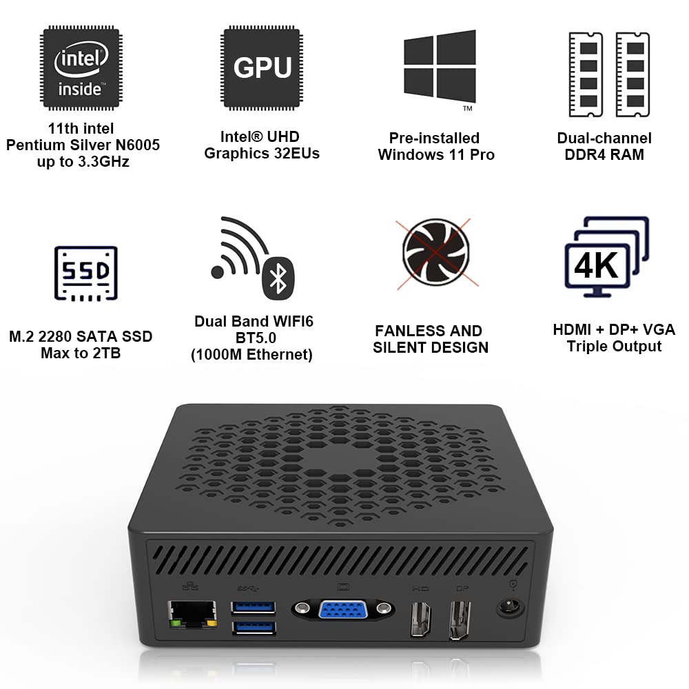 Mini Computer Desktop Windows 11 Pro Fanless Intel Pentium Silver Processor N6005(up to 3.3GHz) Mini Desktop 16GB DDR4 RAM 512GB SSD Support Triple Screen Display with 4K HDMI/DP/VGA Small Computer