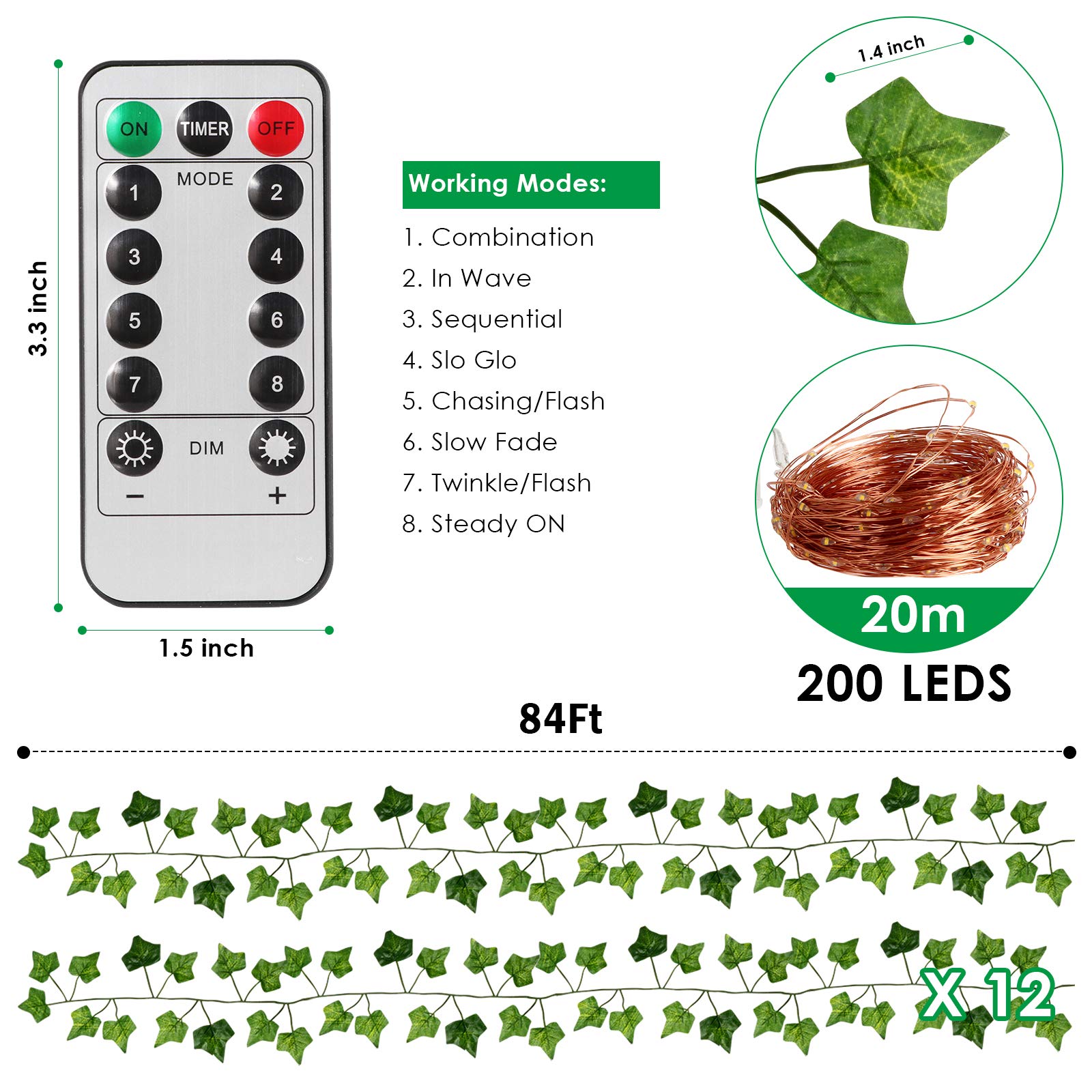 KETADO 12 Pack 84Ft Artificial Ivy Garland Leaf Vines with 65 Ft 200 LED String light, Garland Fake Foliage Flowers Plants Hanging for Party Garden Office Wedding Wall Decor and Home Kitchen, Green