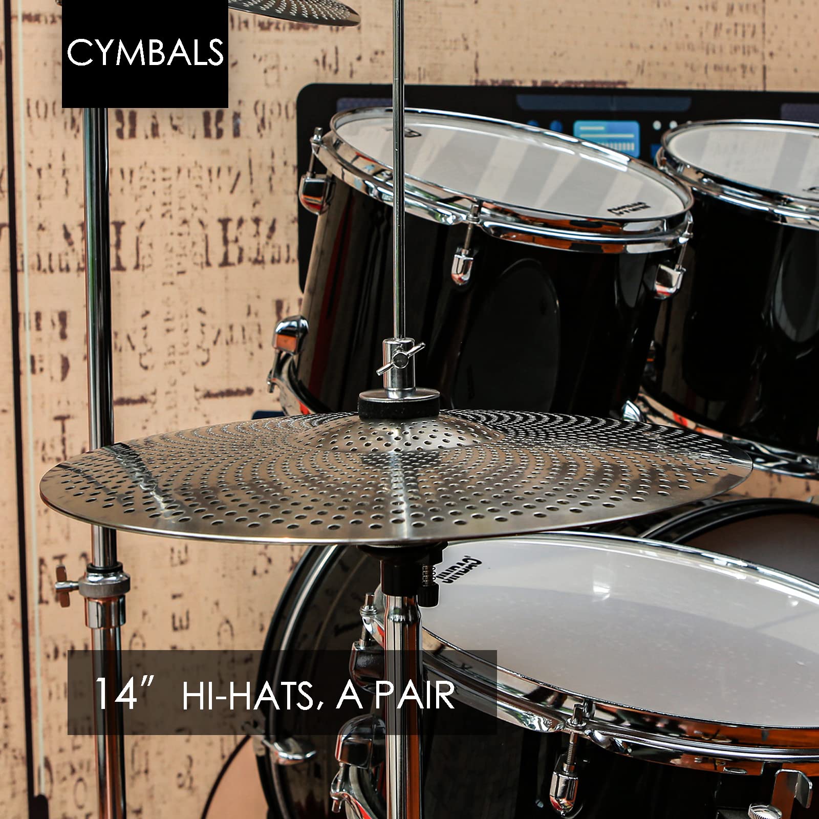 Low Volume Hi Hat Cymbals, 14 inches Practice Hi Hat Cymbal Pair, Quiet HiHat Cymbals (Gold)