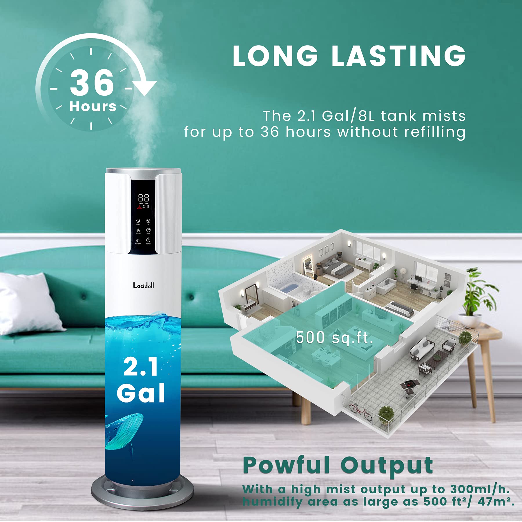 LACIDOLL 2.1Gal 8L Top Fill Large Humidifiers for Bedroom Large Room - Cool Mist