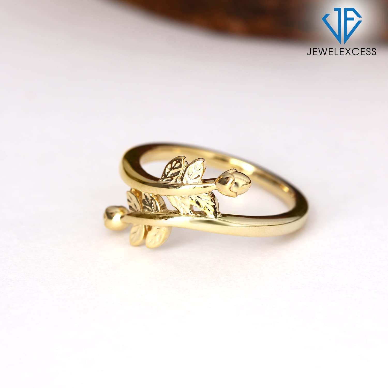 JEWELEXCESS 14K Gold over Silver Leaf Friendship Ring for Women | Dainty 14k Gold over Silver Promise Ring For Women | Stackable Silver Open Band Olive Branch Ring For Women
