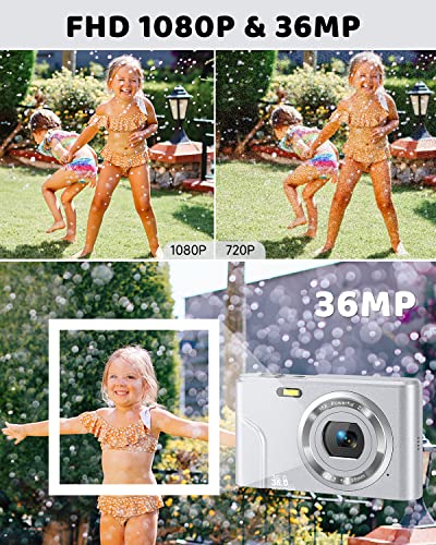 Lecran Digital Camera FHD 1080P 36.0 MP Vlogging Camera with 16X Digital Zoom, LCD Screen, Compact Portable Mini Cameras for Students, Teens, Kids (Silver Grey)