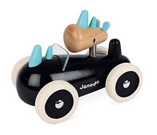 Janod Spirit Wood Car Push Toy - Rony Rhino - Ages 18 Months+ - J04492