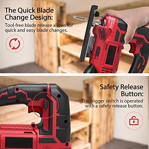 Jigsaw, 20V Cordless Jig Saw for Woodworking with LED, 4 Orbital, Variable Speed, ±45°Bevel Angle, 10PCS Blades, Scale Ruler, Tool-free Blade Changing, Battery & Carrying Bag & Fast Charger Included