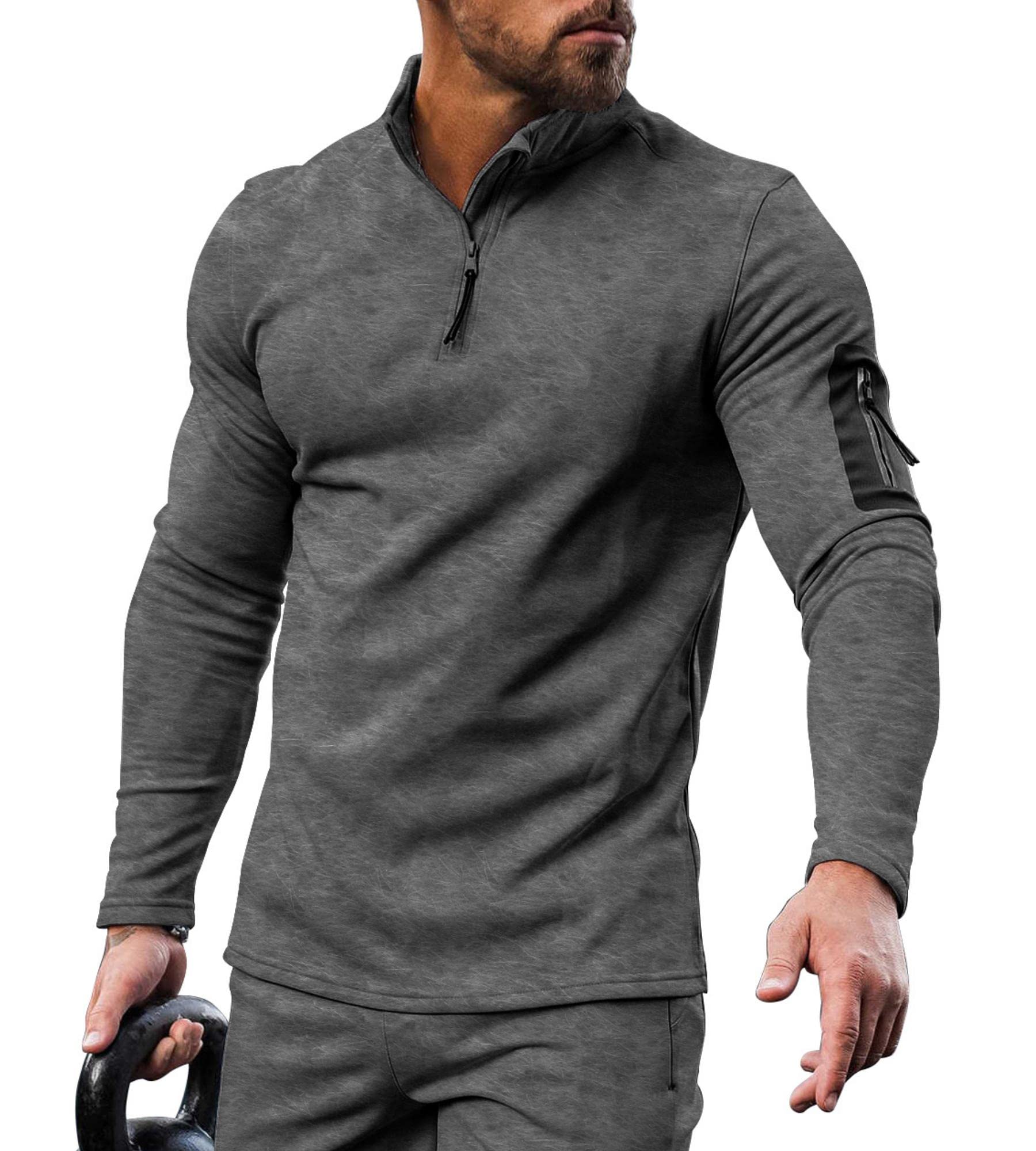 Mens Quarter Zip Athletic Pullover Long Sleeve Dry Fit Active Sports Sweatshirt Running Outdoor Shirts Dark Grey