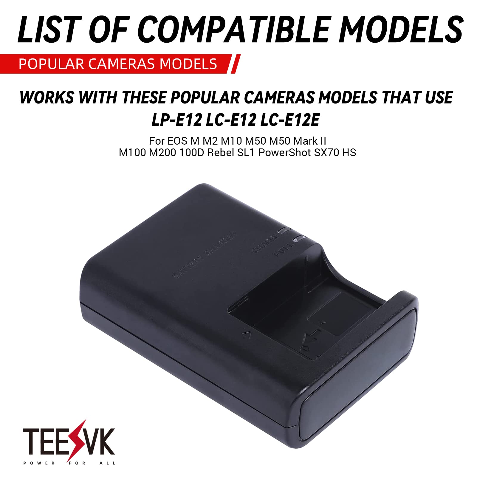 LC-E12 Battery Quick Charger for Canon: for LP-E12 LC-E12E Battery EOS M M2 M10 M50 M50 Mark II M100 M200 100D Rebel SL1 PowerShot SX70 HS Cameras