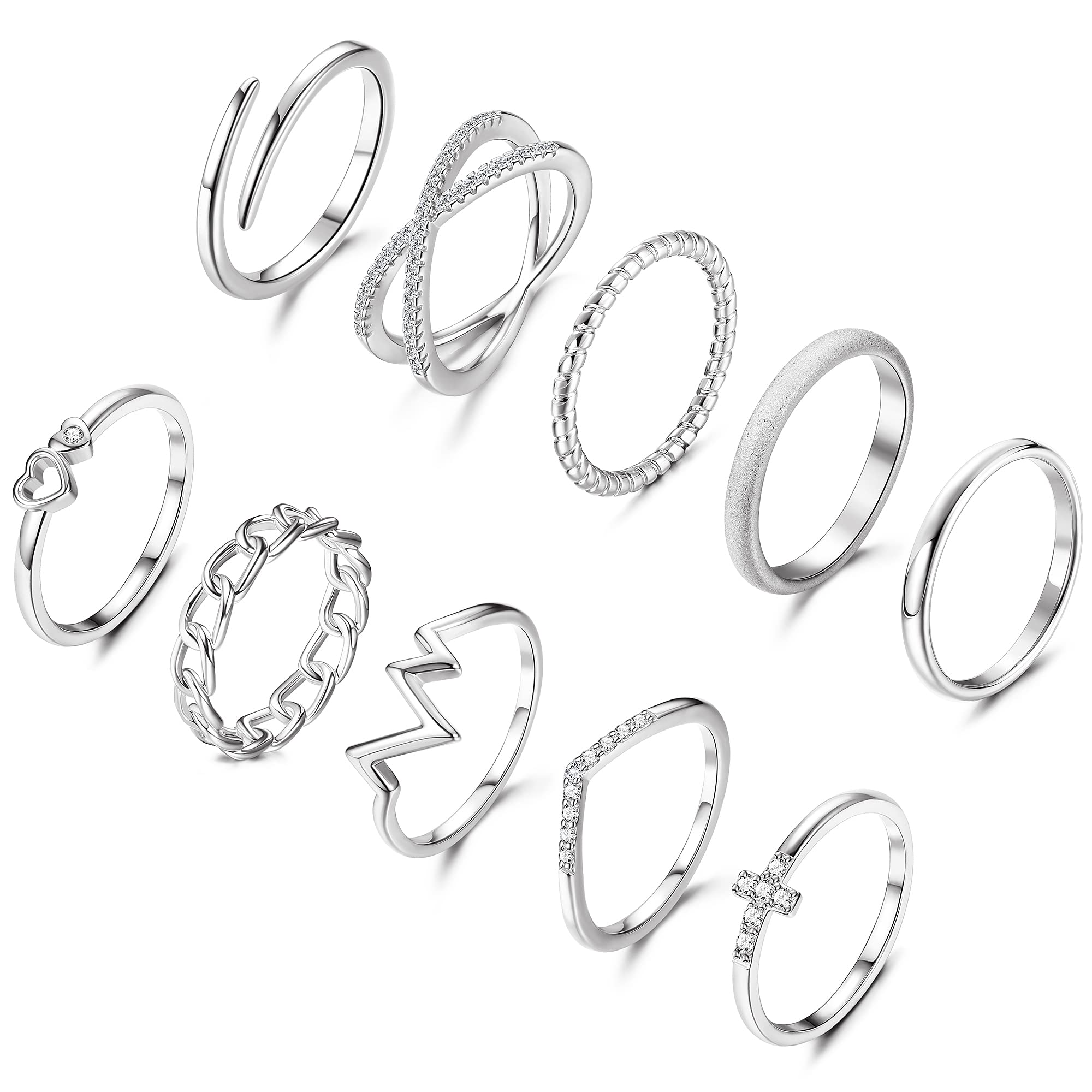 LOYALLOOK 10Pcs 14K Gold Plated Stacking Rings for Women Heart CZ Cross Stackable Knuckle Rings Set Promise Eternity Wedding Plain Rings Dainty Thumb Plain Band Midi Rings Silver Tone Size 9