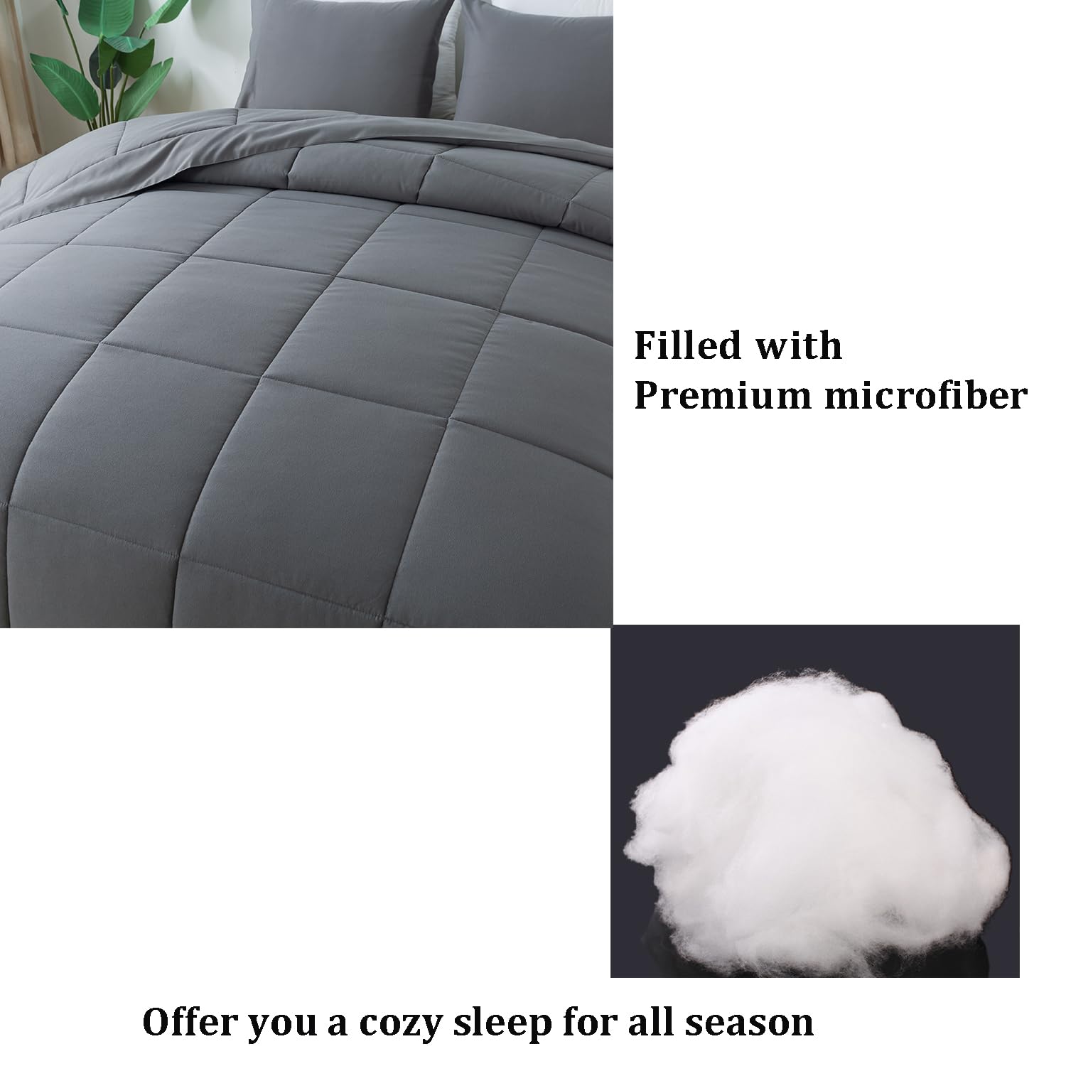 HOXXME Queen Comforter Set Grey, All Seasons Bedding Comforters & Sets with 2 Pillow Cases, 3 Pieces Lightweight Summer Duvet Insert, Down Alternative Bed Comforter Set 88"x90"