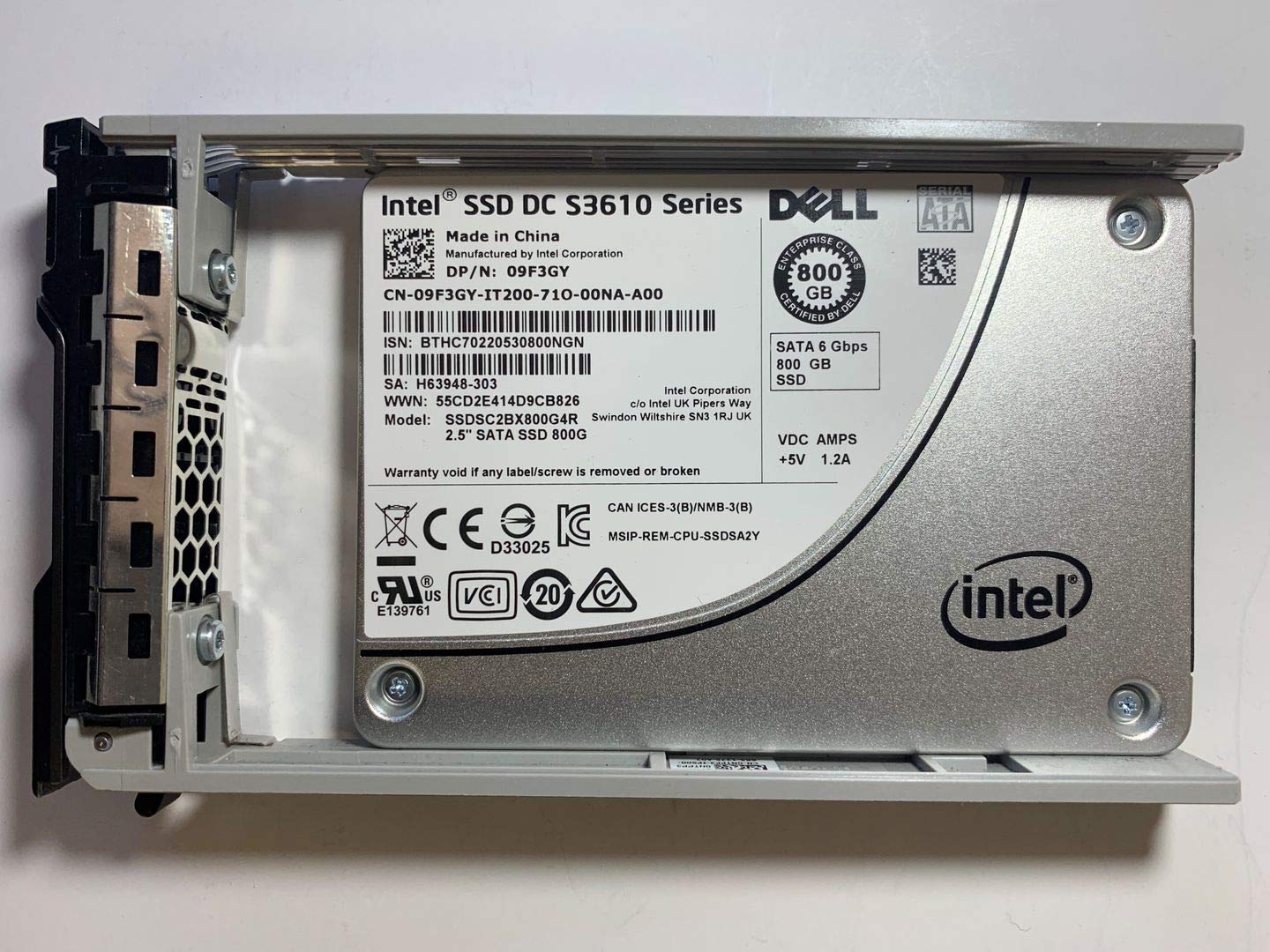 Intel 800GB SSD 2.5" 6Gb/s SATA Solid State Drive Model: SSDSC2BX800G4R DP/N: 9F3GY