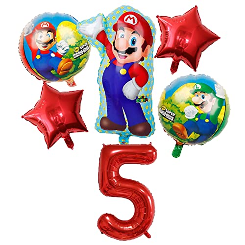 Mario Brothers Foil Balloons Mario Birthday Party Supplies 5th Mario Party Decorations for Kids Birthday (Mario 5th Birthday)