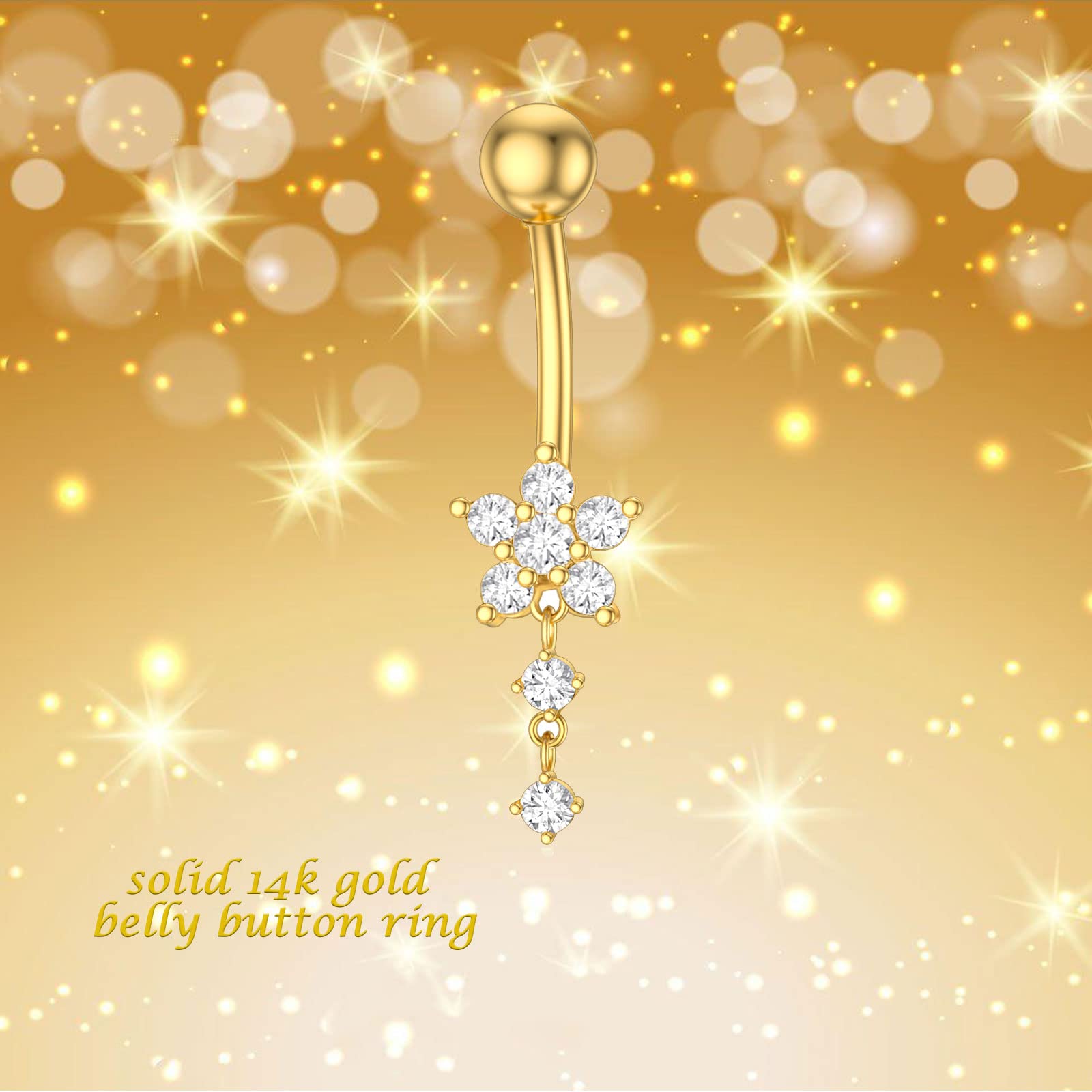 MRENITE Solid 14K Gold Dangle Belly Button Ring for Women Navel Ring Real Gold 16G CZ Belly Button Piercing Jewelry for Women