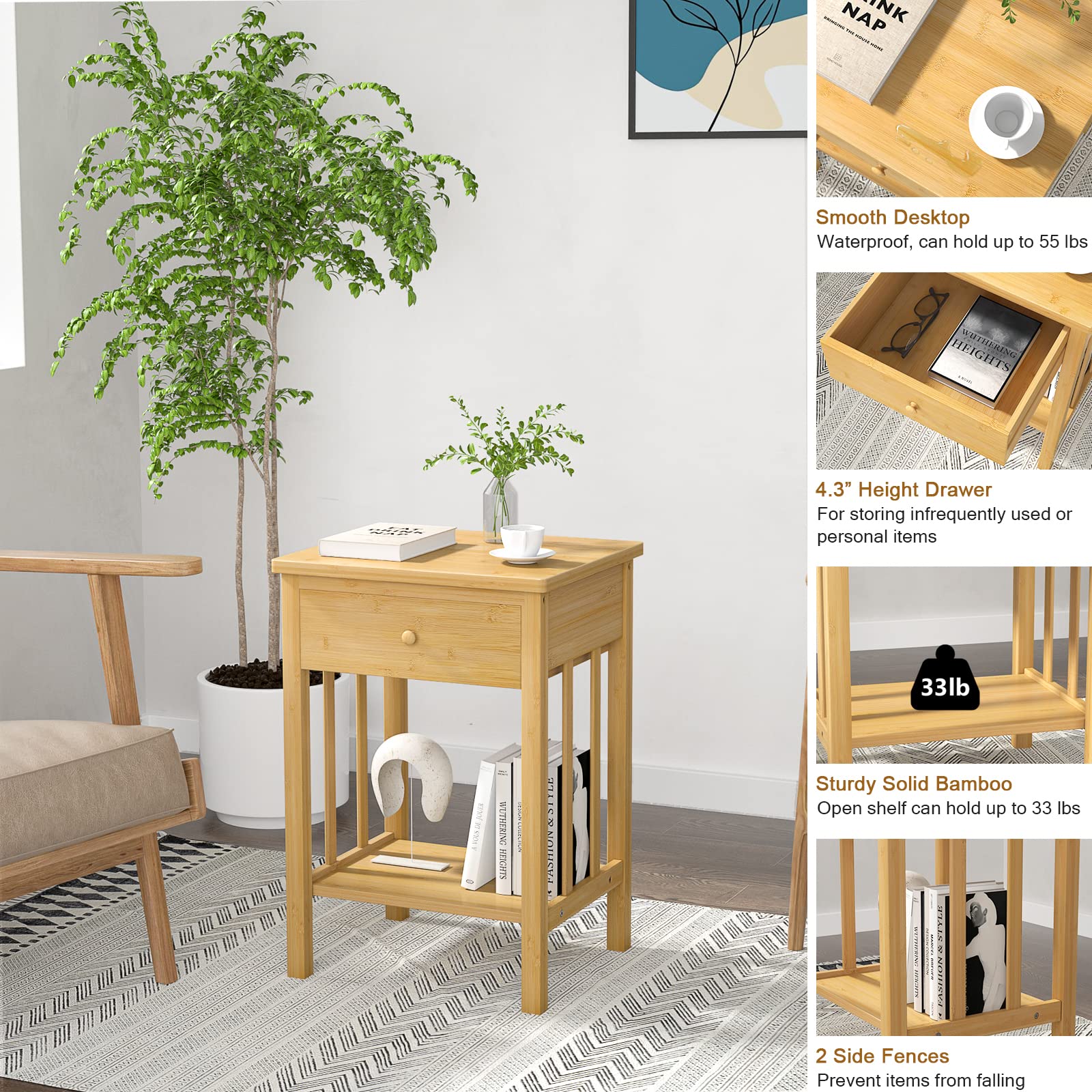 Homykic Bamboo Nightstand Set of 2, Real Wood Bedside Table Night Stand with Drawer and Storage Shelf for Bedroom, Living Room, Space Saving End Table Side Table, Easy to Assemble, Natural