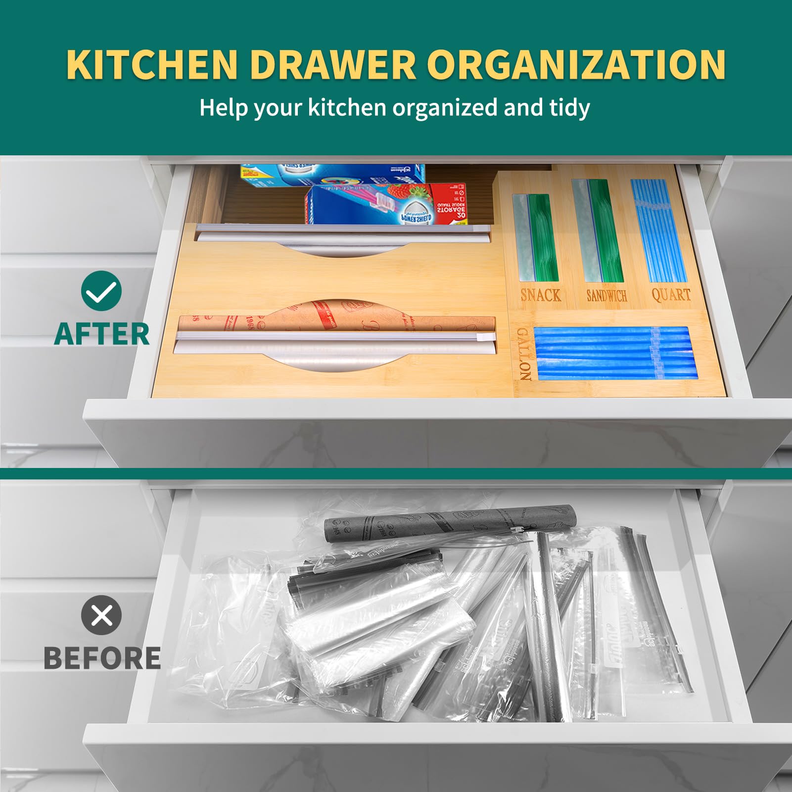 Jchccu Individual Plastic Wrap Dispenser with Cutter, Ziplock Bag Organizer Storage for Kitchen Drawer Organization, Bamboo Foil and Plastic Wrap Organizer, Storage Bag Organizer