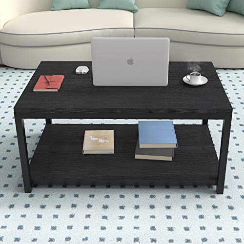 YSSOA Black 2-Tier Coffee Table with Shelf for Living Room and Office, 19.75D x 31.5W x 16.75H in