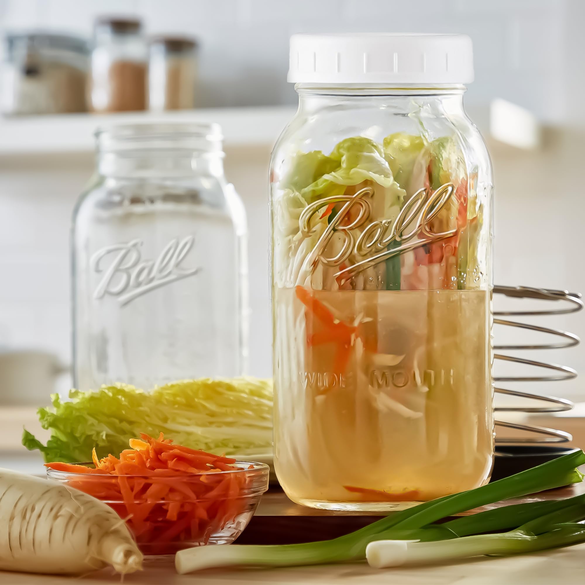 Wide Mouth Mason Jar 64 oz - (1 Pack) - Ball Wide Mouth 64-Ounces Half Gallon Mason Jar with White M.E.M Food Storage Plastic Lid. For Storage, Freezing, Leak Proof, Microwave & Diswasher Safe