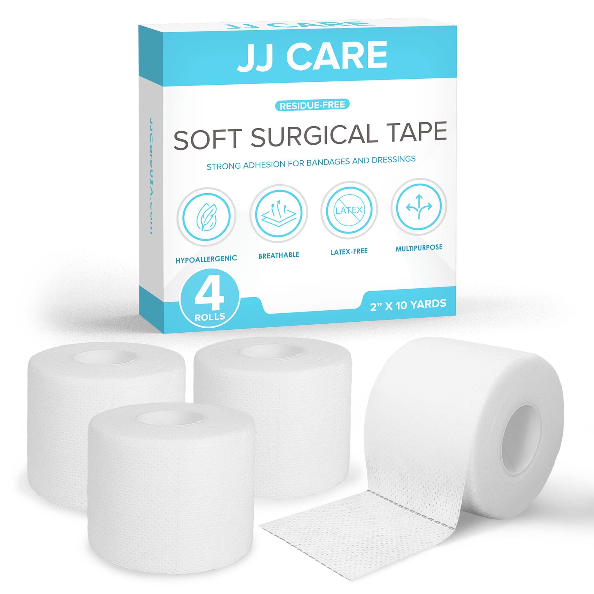 JJ CARE Soft Surgical Tape [Pack of 4], 2” x 10 Yards Soft Cloth Tape, Latex-Free Cloth Medical Tape for First Aid, Breathable Cloth Surgical Tape, Hypoallergenic Adhesive