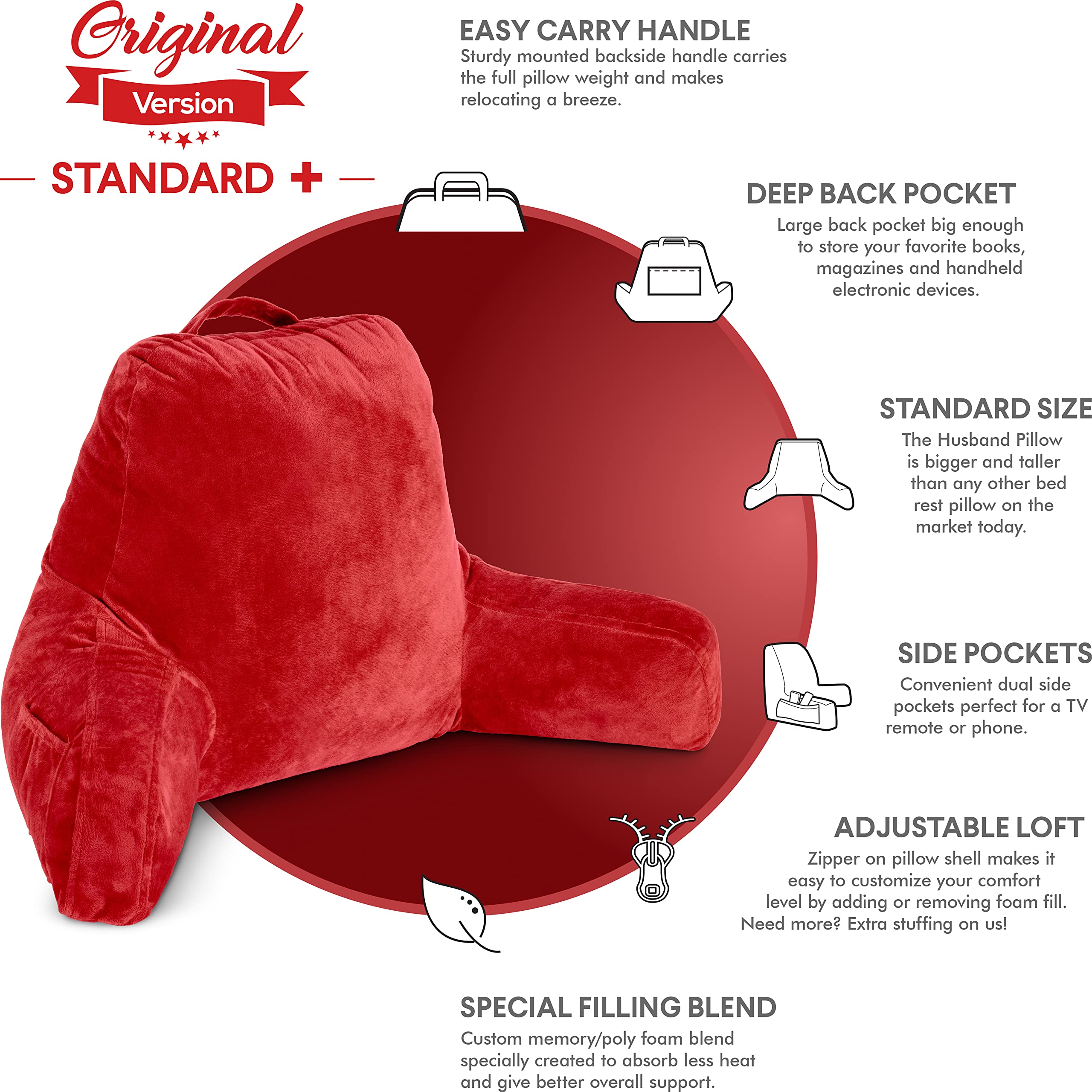 Husband Pillow Combo - Backrest Pillow with Arms : Standard Red & Lap Desk Bed Tray : Pink - Memory Foam Reading Pillows for Bed & Laptop Bed Tray Table
