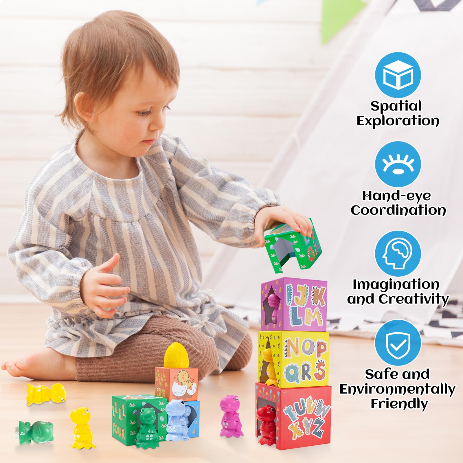 MITCIEN Dinosaur Stacking Blocks Toys for Toddlers, Toddlers Preschool Learning Toys Number Stacking Nesting Boxes, Preschool Educational Toys with Dinosaur&Egg