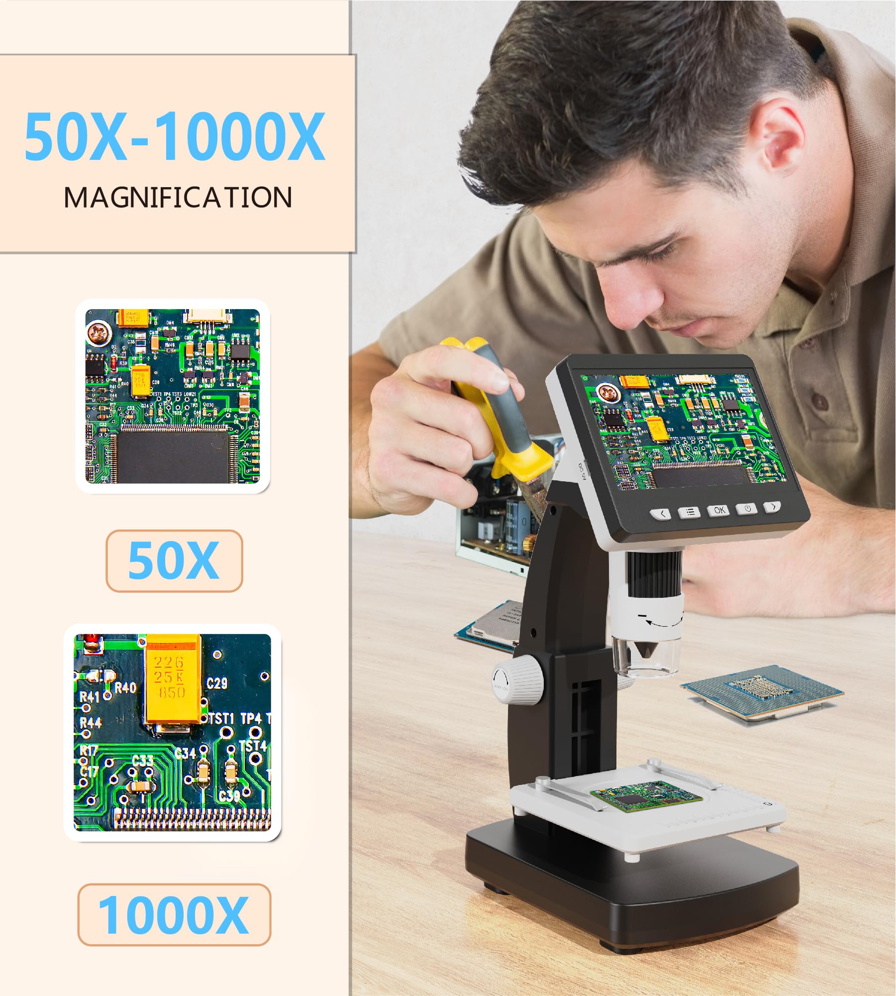 LCD Microscope 4.3" IPS Screen, 1080P Digital Stand Microscope Inspetion Camera, 8 LED Lights, 50x-1000x Magnification, USB Electron Microscopes Compatible with Computer