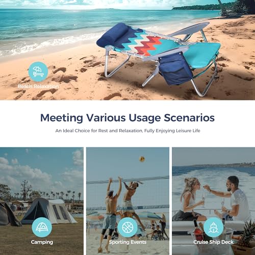 LET'S CAMP Backpack Beach Chair Set of 2, 4-Position Classic Lay Flat, Pillow and Padded Shoulder Straps, Storage Pouch and Towel Bar, Support 250LBS, Wave