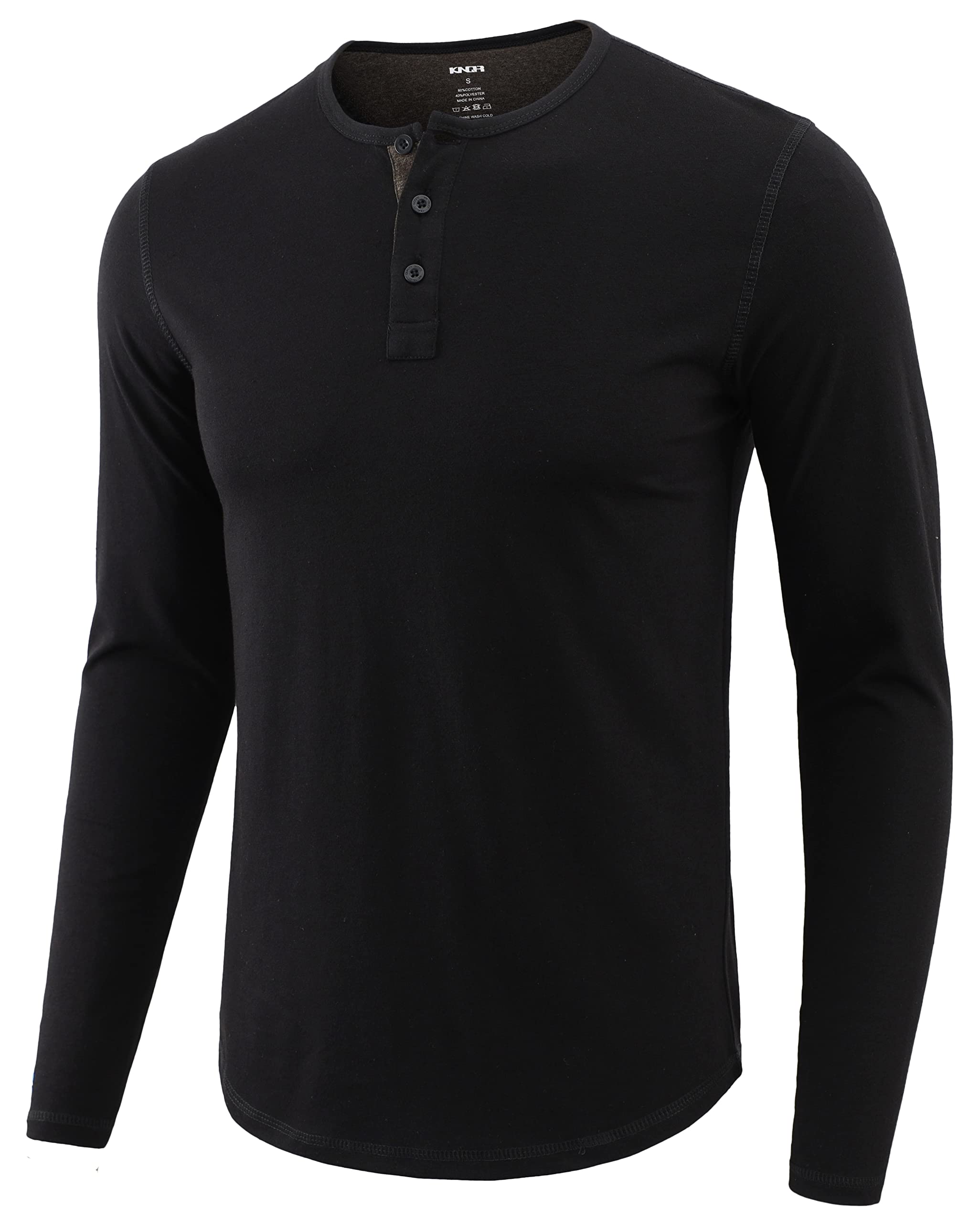KNQR Men's Athletic Long Sleeve Slim Fit Active Sportswear Workout Running Gym Henley T-Shirts Black/H.Charcoal L