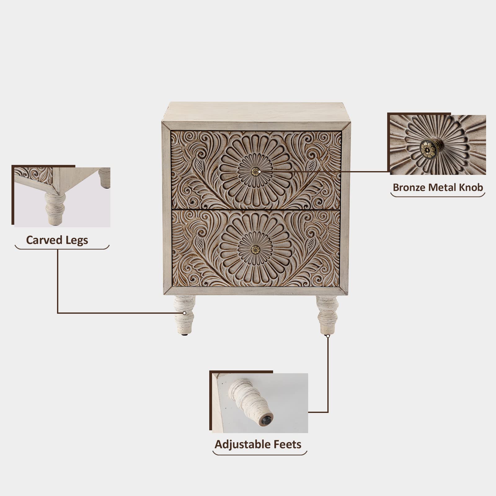 HOMPUS Nightstand, Rustic End Table with 2 Pattern Carved Drawers, Vintage Night Stand with 4 Wood Legs, Small Dresser for Bedroom, Living Room, Light Grey Grain
