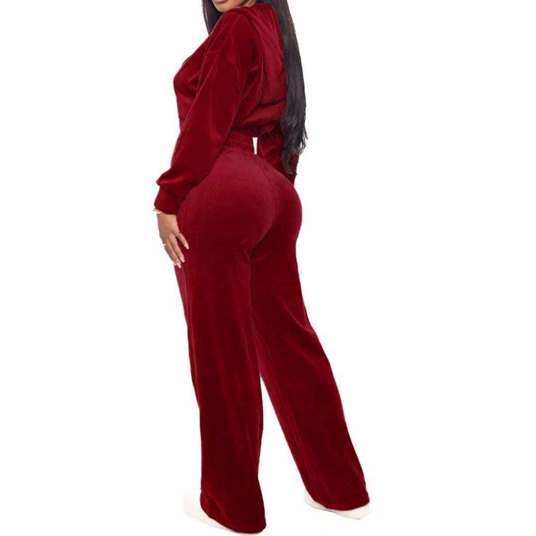 IyMoo Women's Solid Velour Sweatsuit Set Hoodie and Pants Sport Suits Tracksuits Red M