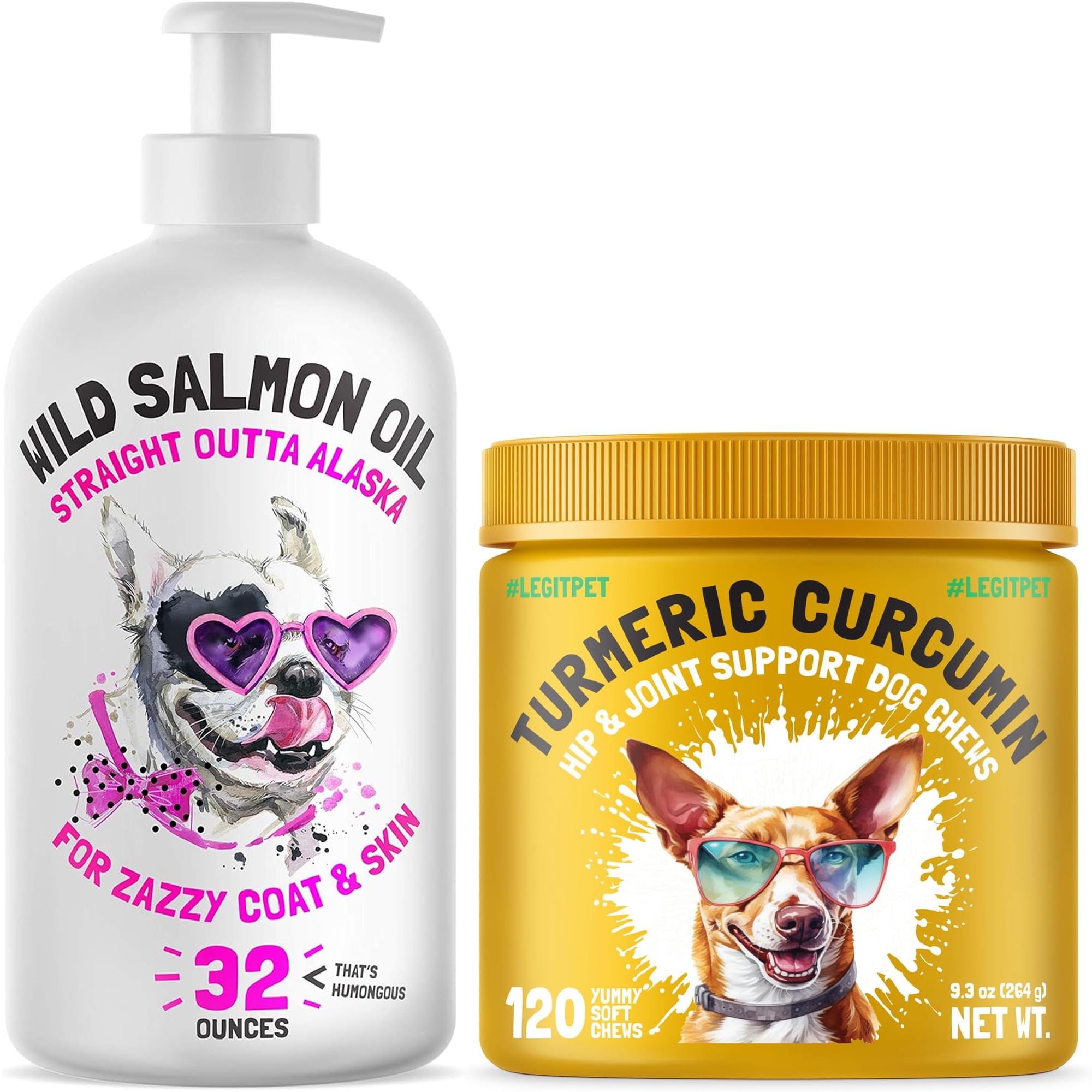 Wild Alaskan Salmon Oil for Dogs & Cats 32 oz and Turmeric Curcumin Hip & Joint Dogs Supplement Anti-Inflammatory Support for Arthritis & Mobility 120 Chews