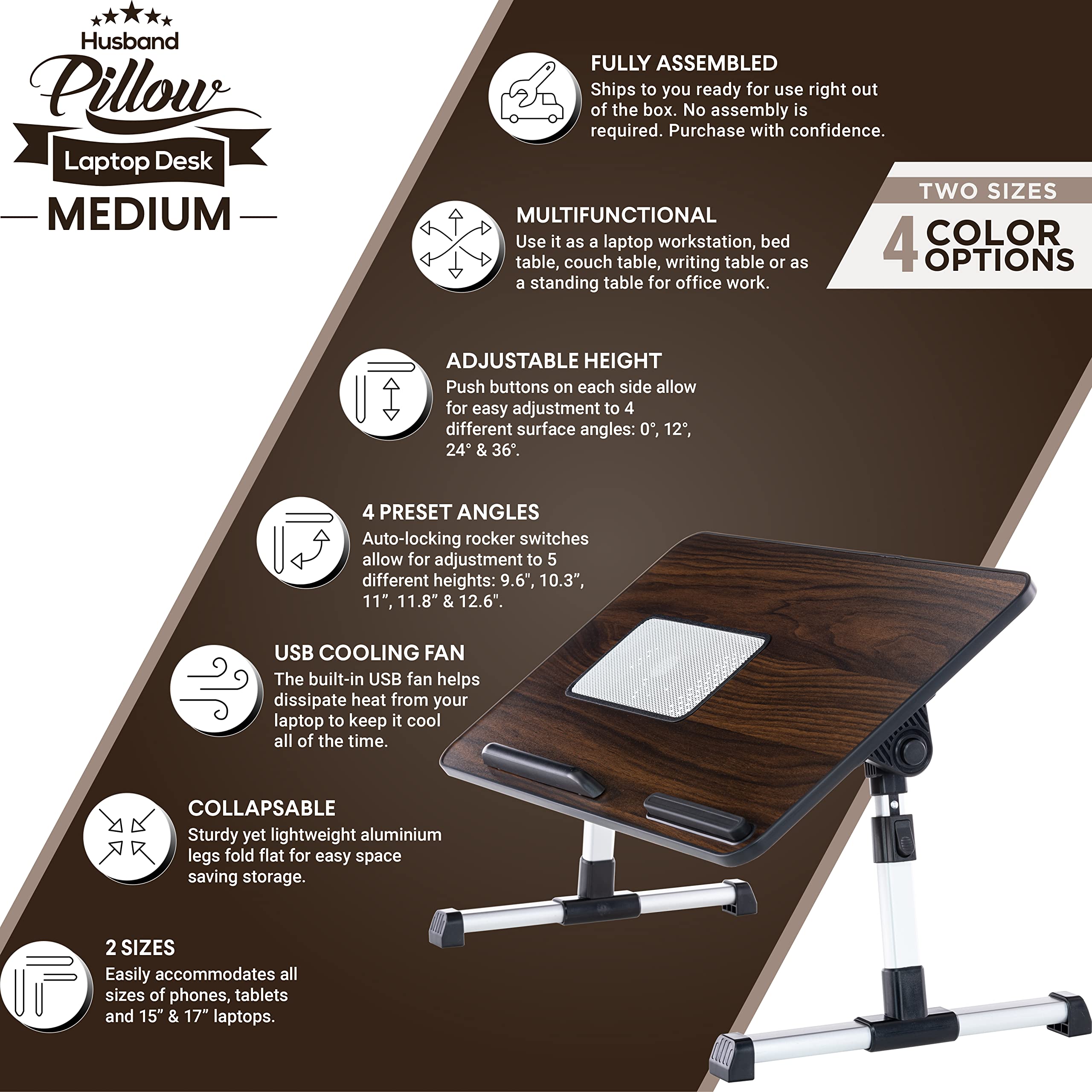 Husband Pillow Combo - Backrest Pillow with Arms : Standard Dark Grey & Lap Desk Bed Tray : Brown - Memory Foam Reading Pillows for Bed & Laptop Bed Tray Table