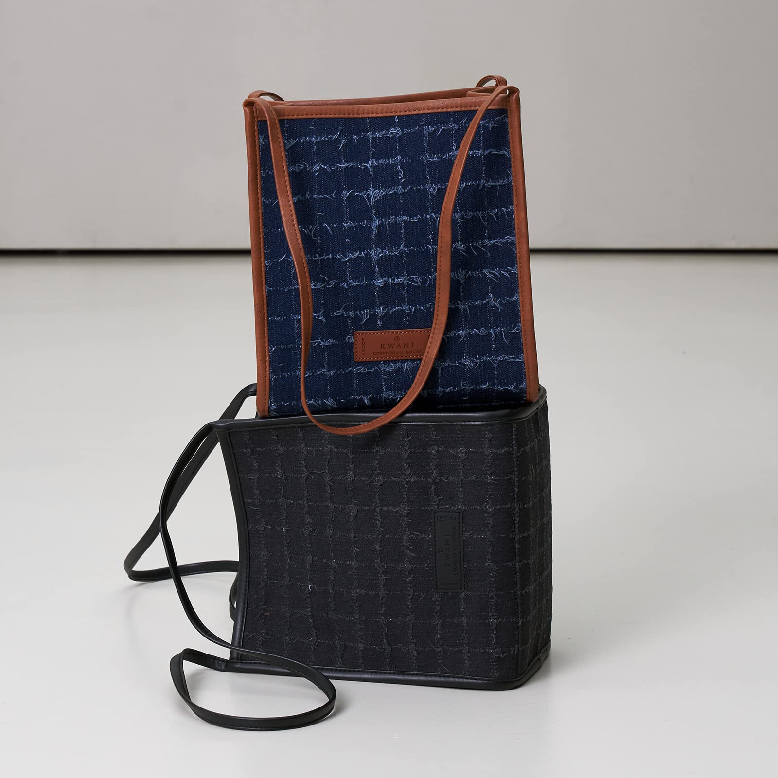 KWANI Grid Frayed Denim Tote Shoulder Bags for Women and Ladies (Denim Blue)