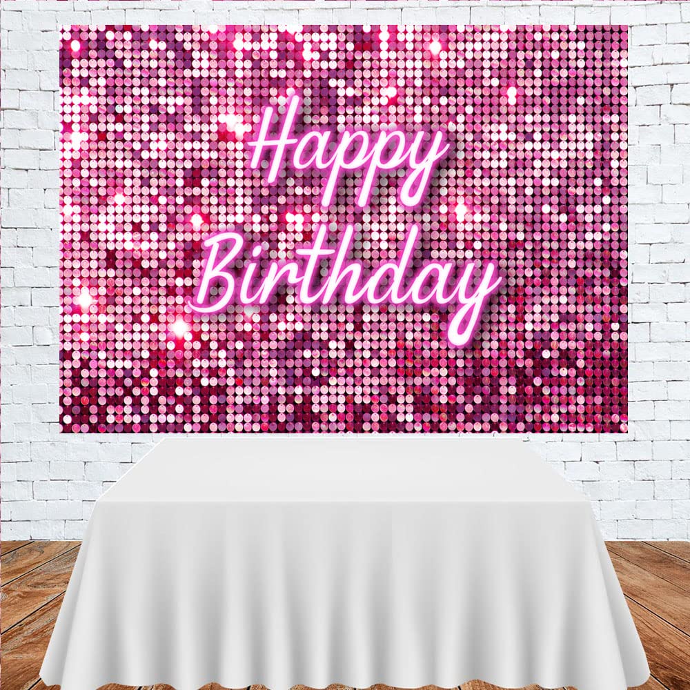 Lofaris Pink Flash Square Backdrop for Photography Happy Birthday Shinning Sequin Wall Panels Shimmer Wall Sweet 16 Girl Woman 20th 30th 40th Party Background Decorations Photo Studio Props 7x5ft