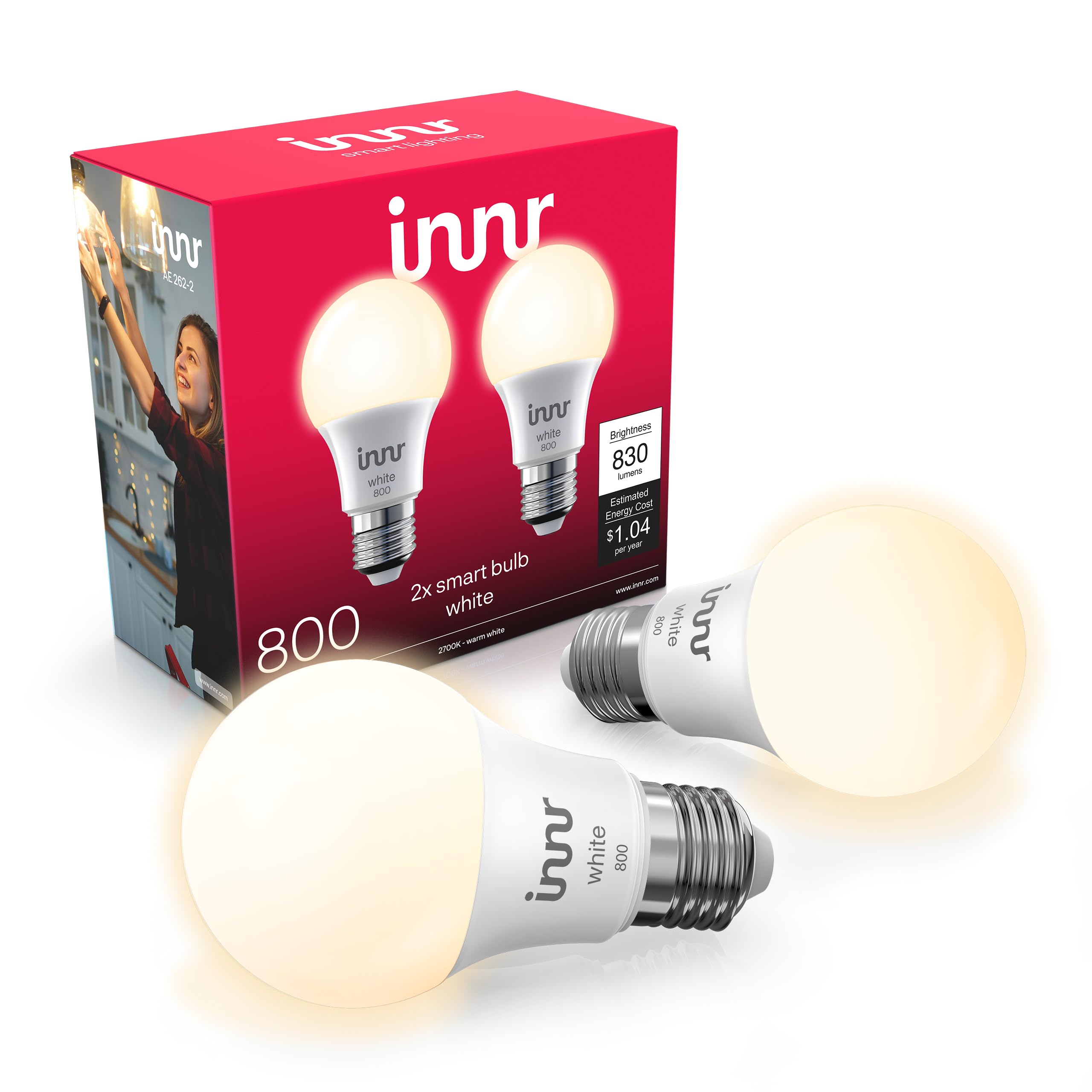 innr Smart Bulb A19 White, Works with Hue*, Alexa, Hey Google, SmartThings (Hub Required), Zigbee, Dimmable Warm White LED Light Bulbs A19 with E26 Base, 60W Equivalent, 4-Pack, AE 260-4
