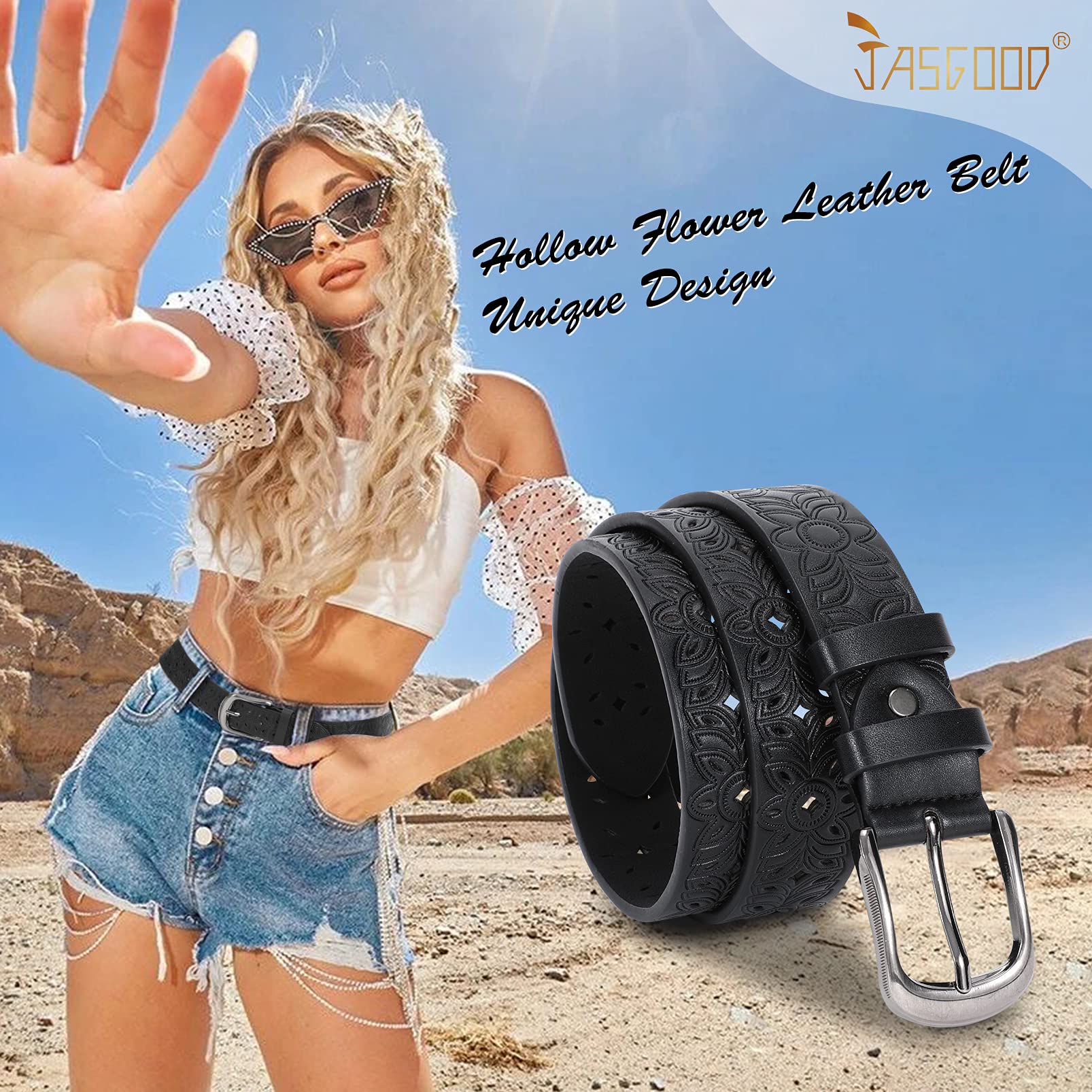 JASGOOD Hollow Leather Belt for Women, Wide Leather Belt for Jeans Pants with Pin Buckle