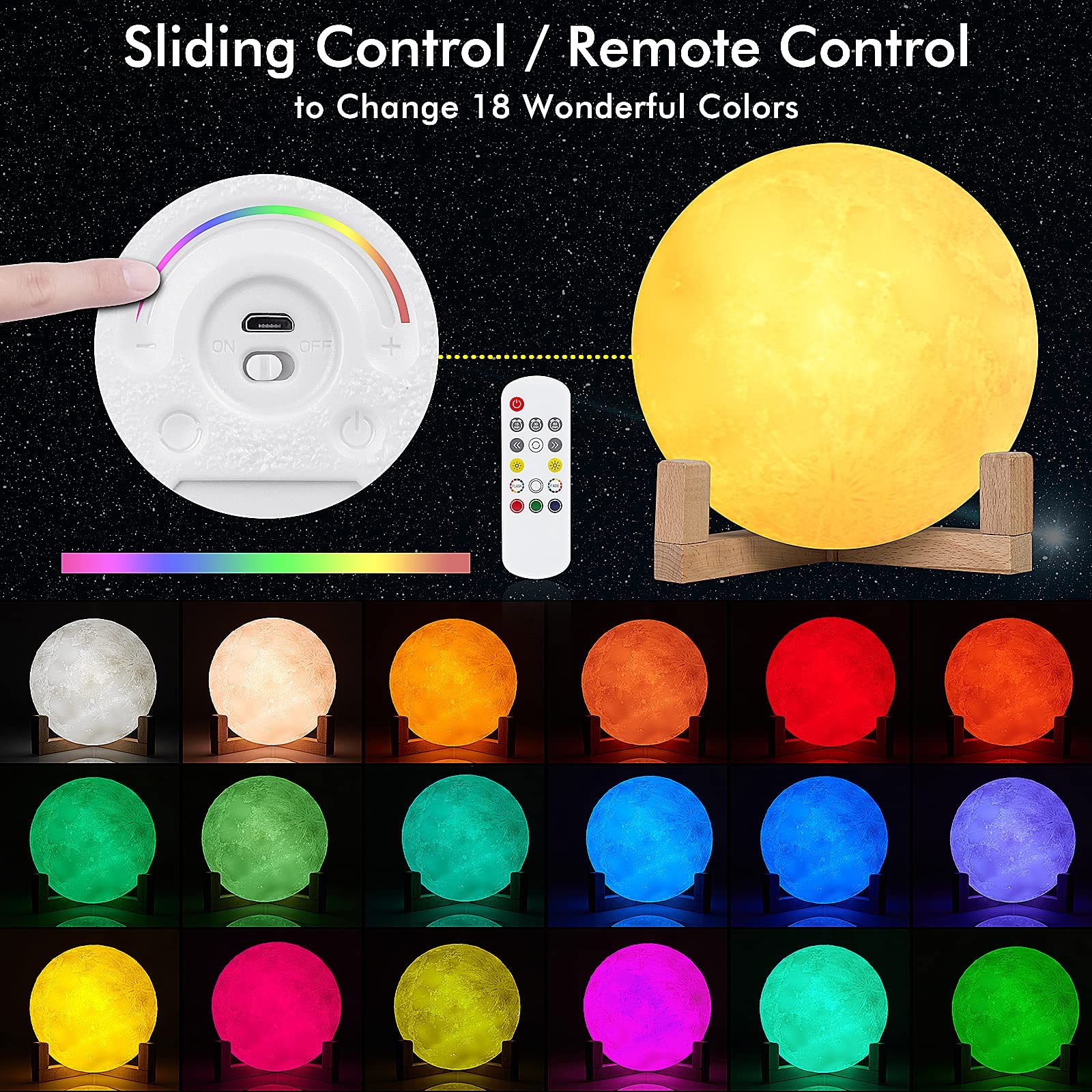 LOGROTATE Moon Lamp, Wall-Mounted Kids Night Light, 2021 Upgraded 5.96 Inch 18 Colors Sliding/Remote Control Moon Light with Unique Stand, Timing, USB Rechargeable, Wall Light Moon Decor, Best Gift