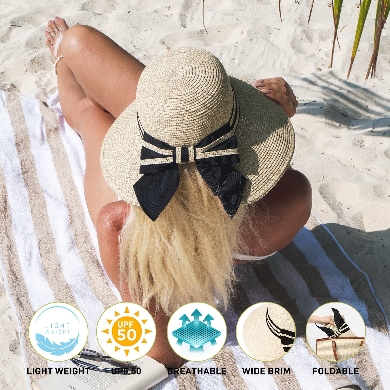 Jeff & Aimy Womens Packable Floppy Straw Beach Sun Hat Floppy with UV Protection Wide Brim Neck Cord Foldable Panama Fedora Travel Sunhat UPF 50 Large 57.5-59CM