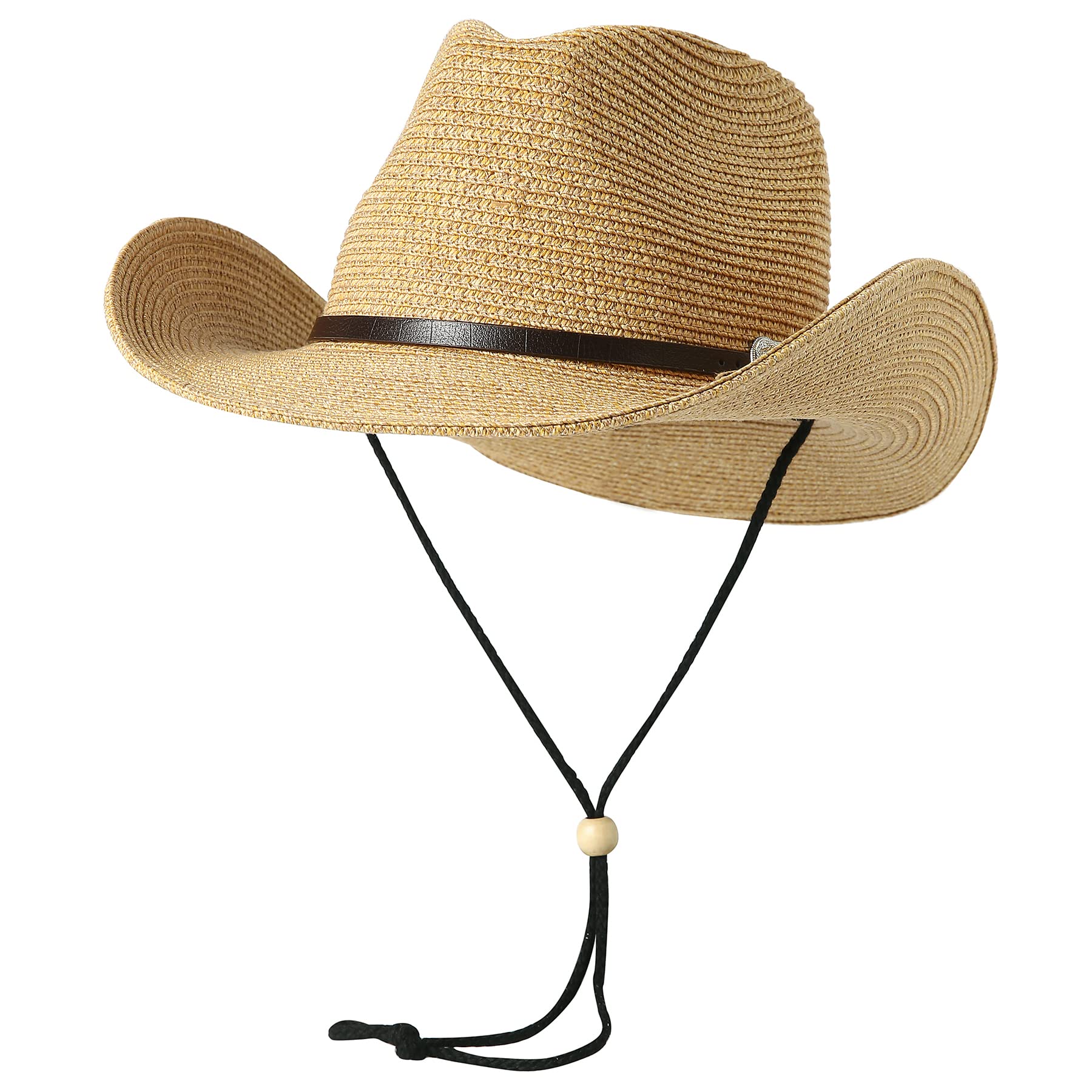 Lanzom Women Men Summer Western Straw Cowboy Cowgirl Hat Shapeable Wide Brim Staw Beach Sun Hat (Medium, Mixed Khaki)