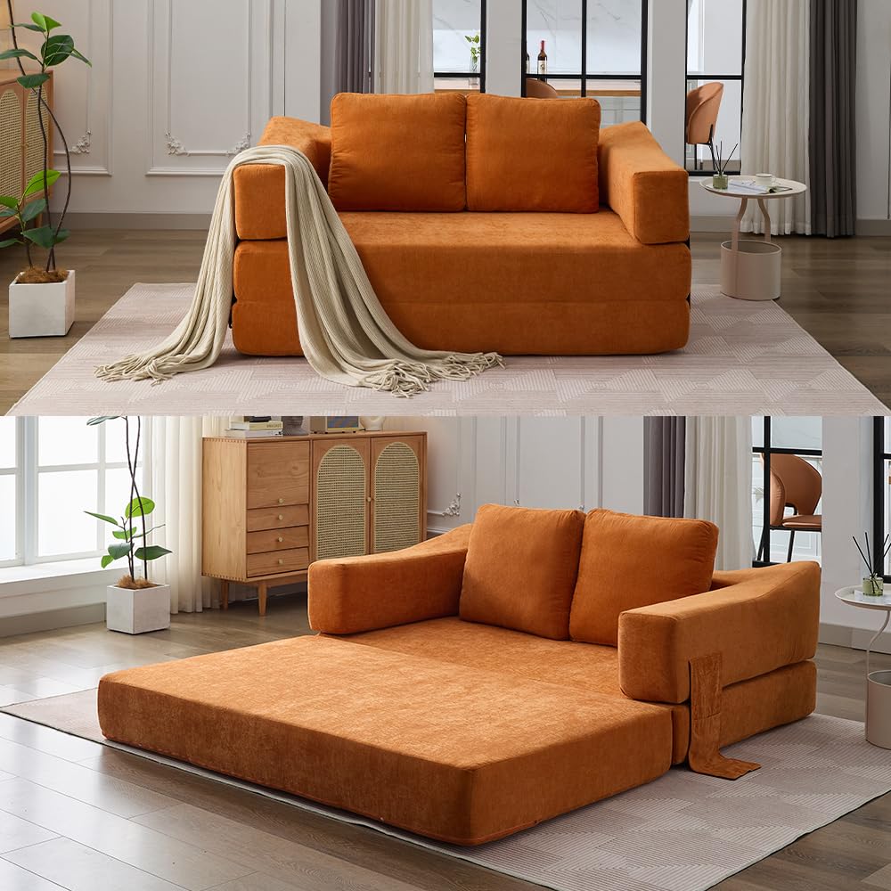 WILLIAMSPACE 70.87" Modern Loveseat Sofa Fold-Out Sofa Bed, Convertible Chair Floor Couch with Removable Backrest, Comfy Sofa for Living Room, Bedroom, Chenille Fabric (Orange)