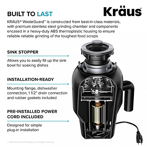 Kraus KWD100-75MBL WasteGuard Continuous Feed Garbage Disposal with 3/4 Horsepower Ultra-Quiet Motor for Kitchen Sinks with Power Cord and Flange Included, 15.25 inch, Black